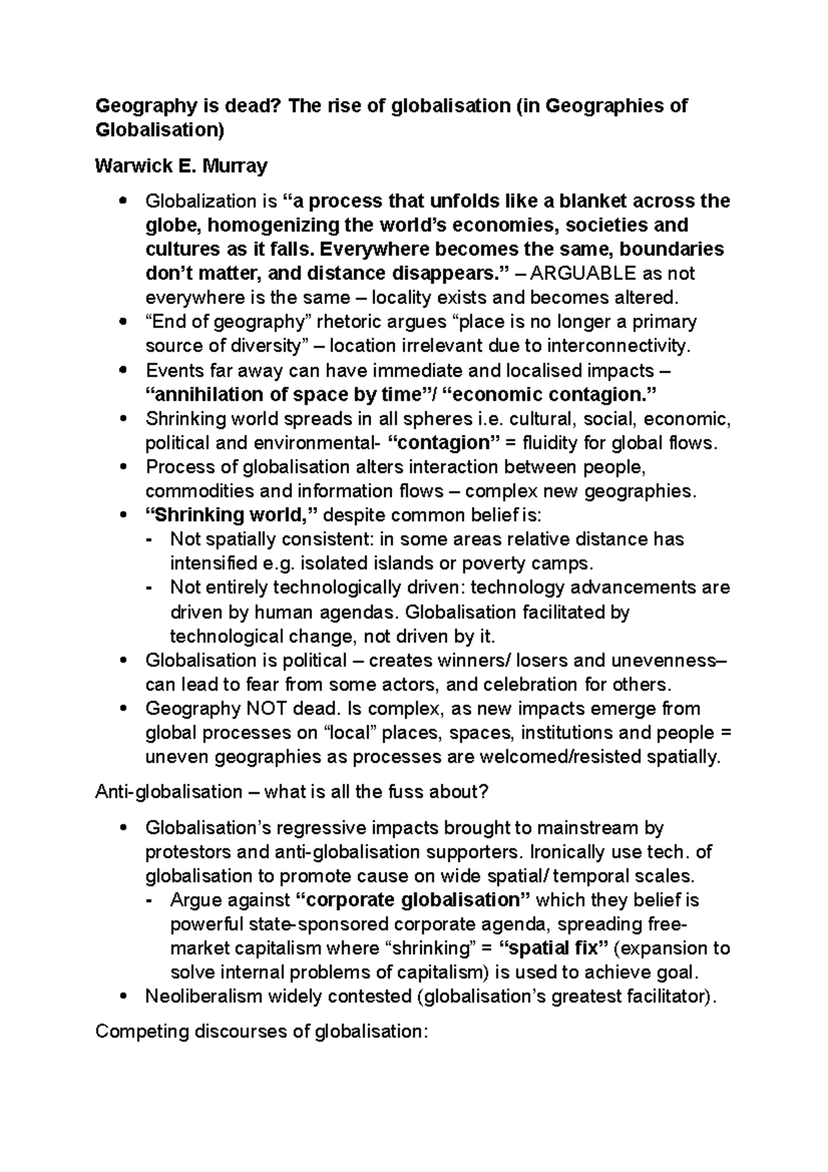 Geographies of globalisation - Murray Globalization is process that ...
