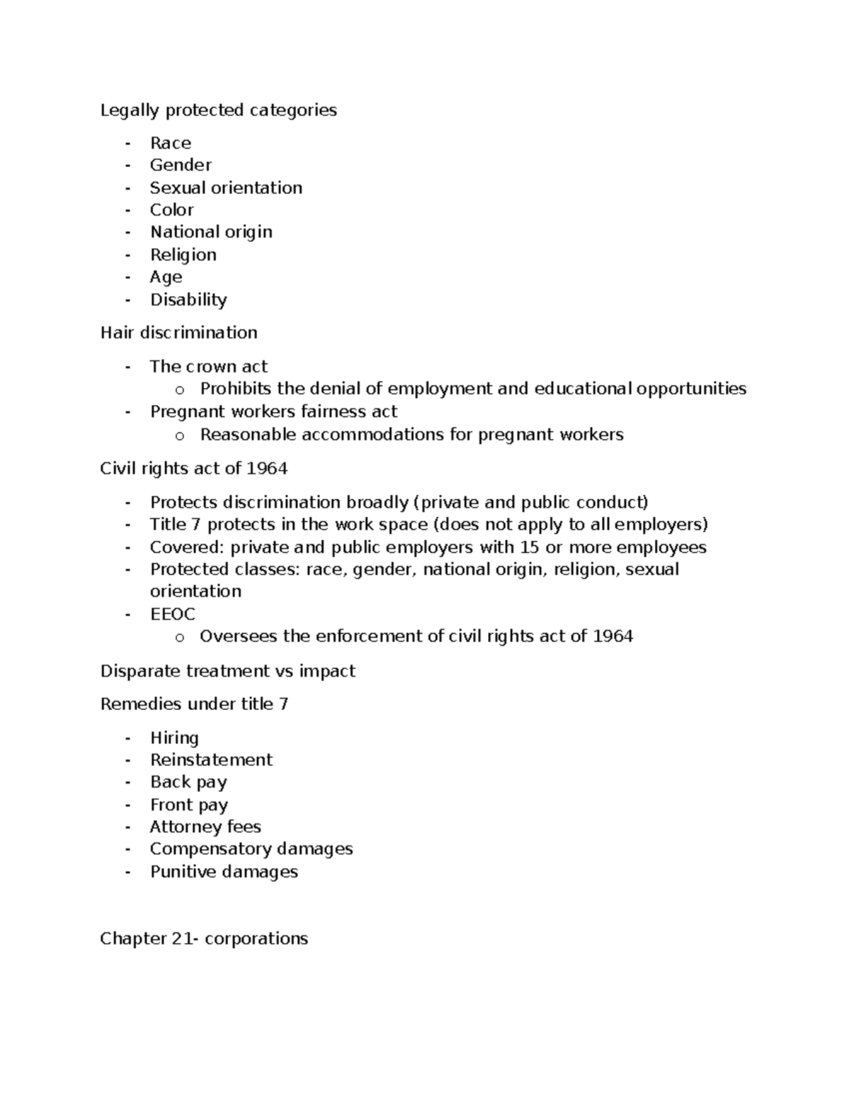chapter 19 notes - Legally protected categories - Race - Gender ...