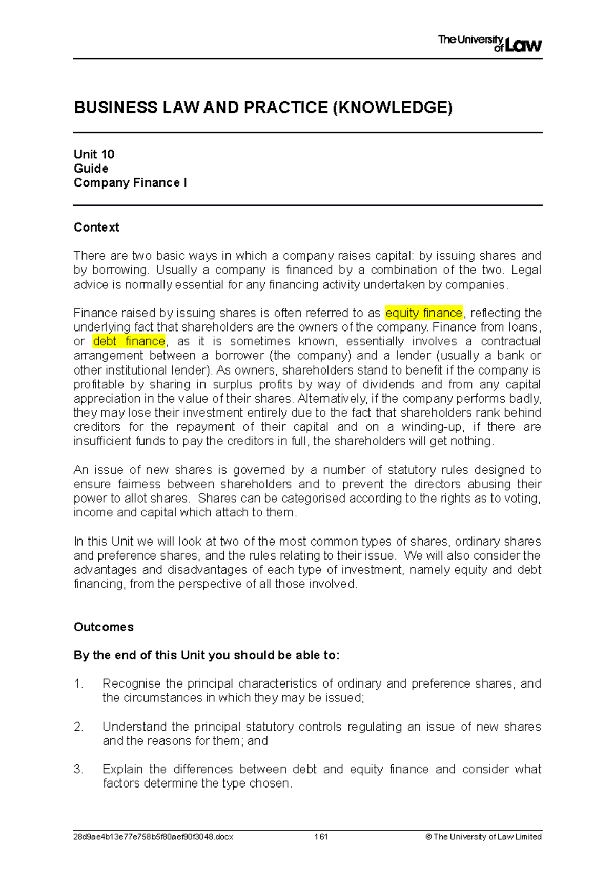Workshop guide - BUSINESS LAW AND PRACTICE (KNOWLEDGE) Unit 10 Guide ...
