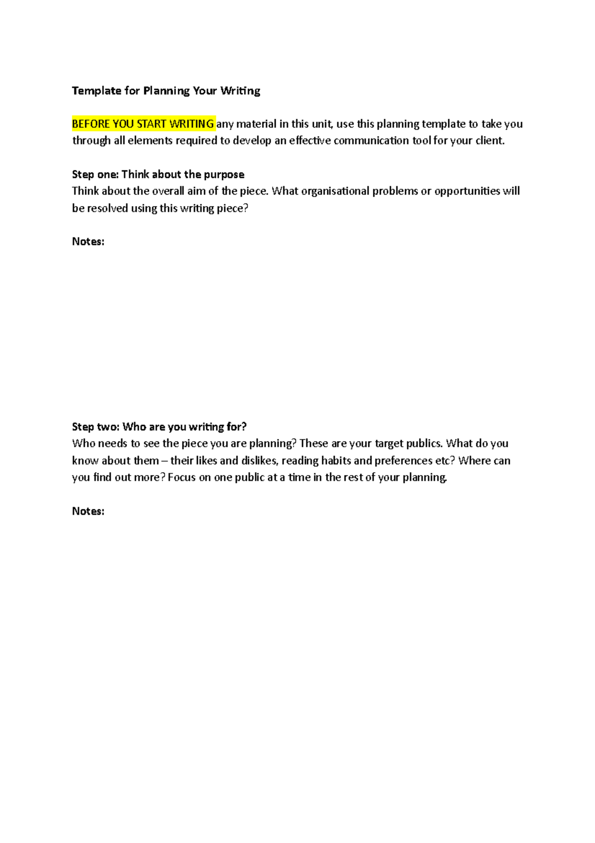 Template for Planning Your Writing - Step one: Think about the purpose ...