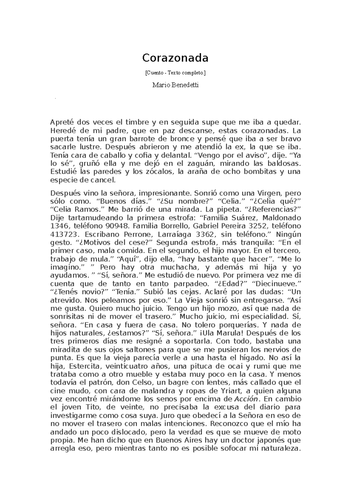 Corazonada- Mario Benedetti - Corazonada [Cuento - Texto completo.] Mario Benedetti Apreté dos ...