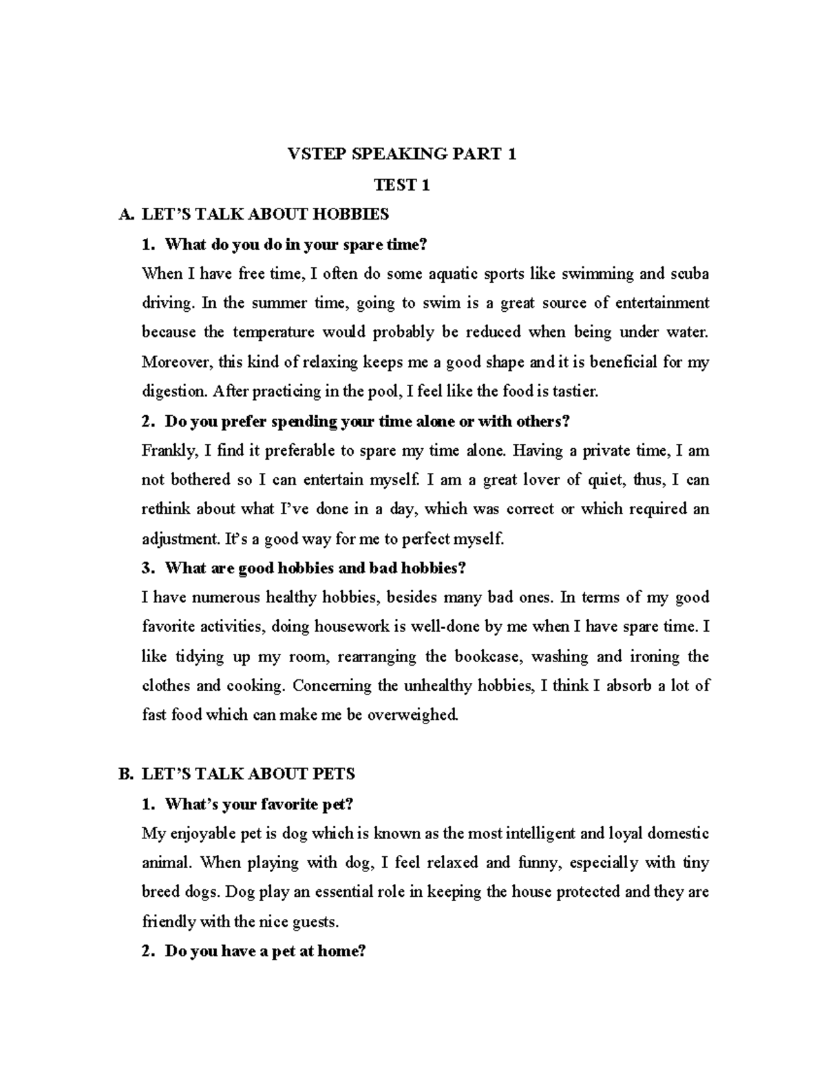 Vstep speaking part 1 1088775 - VSTEP SPEAKING PART 1 TEST 1 A. LET’S ...