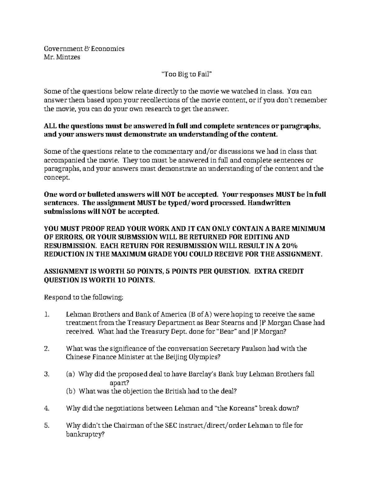 Too Big to Fail Assignment - Government & Economics Mr. Mintzes “Too ...
