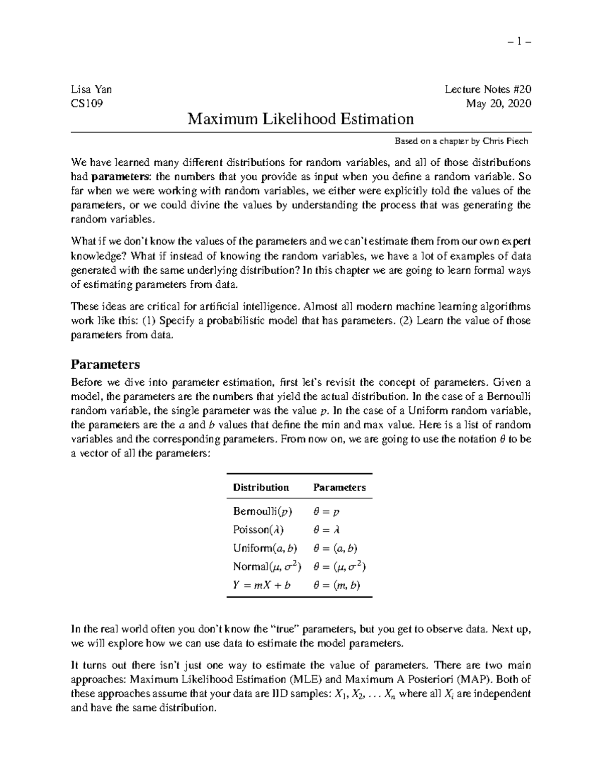 LN20 parameters mle - notes - Lisa Yan CS Lecture Notes # May 20, 2020 ...