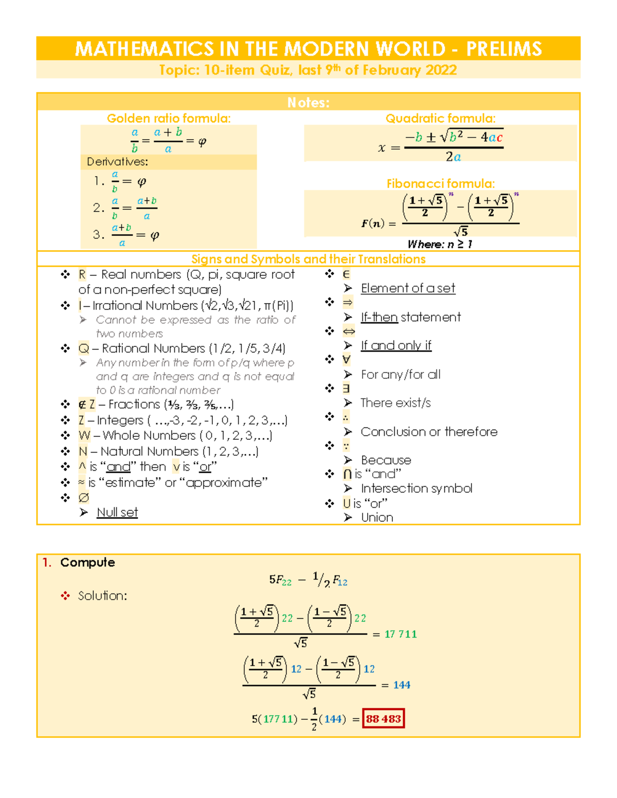 MMW Prelims - MATHEMATICS IN THE MODERN WORLD - PRELIMS Topic: 10-item ...