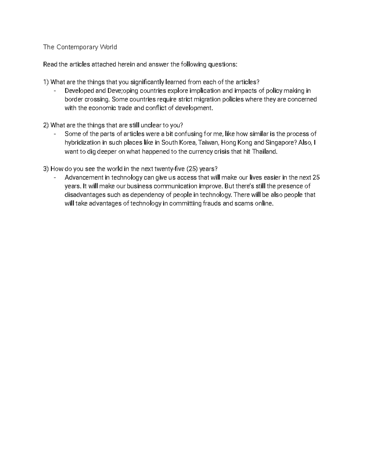 Contemporary World Activity 1 - The Contemporary World Read the ...