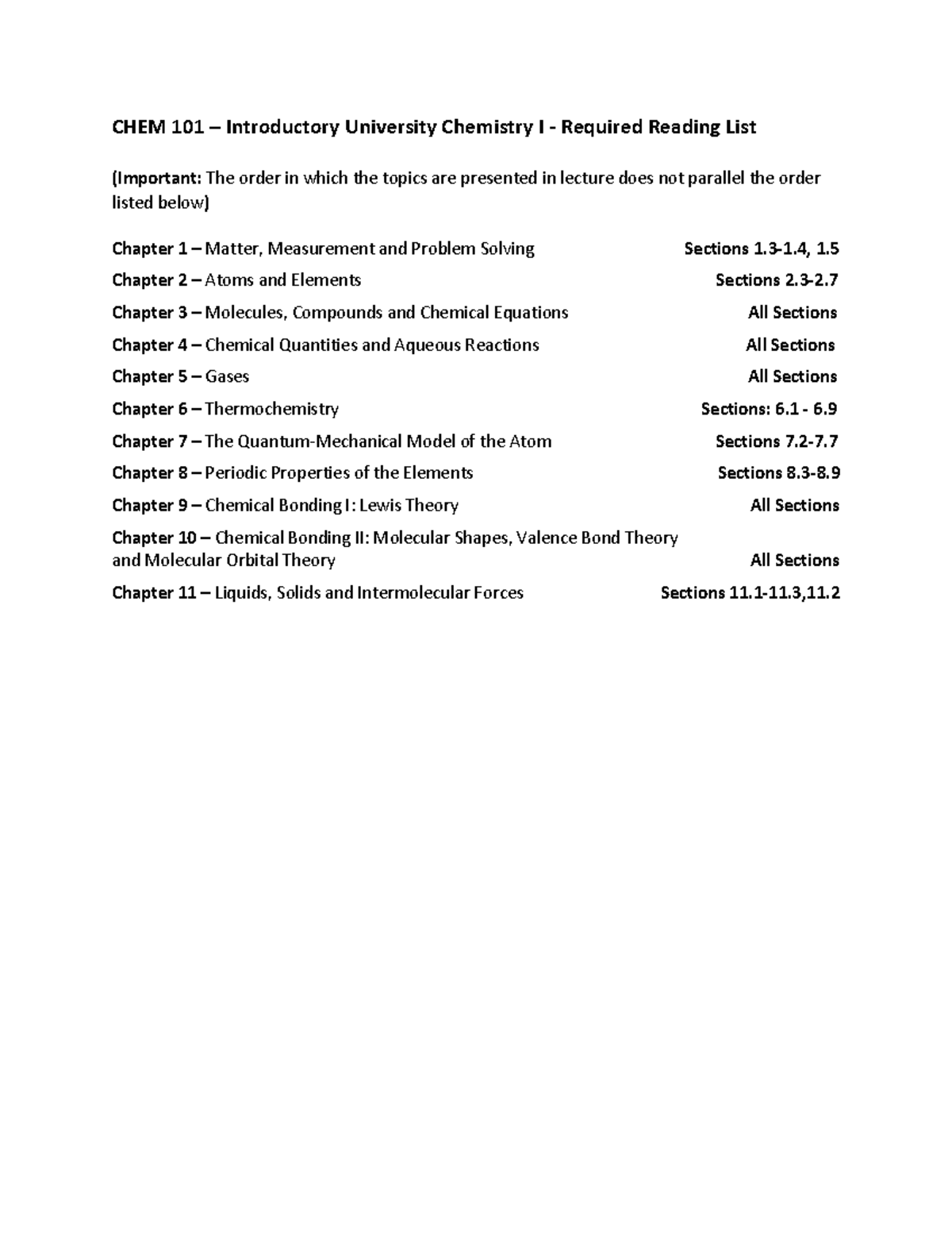 CHEM 101 - Reading List - CHEM 101 – Introductory University Chemistry ...