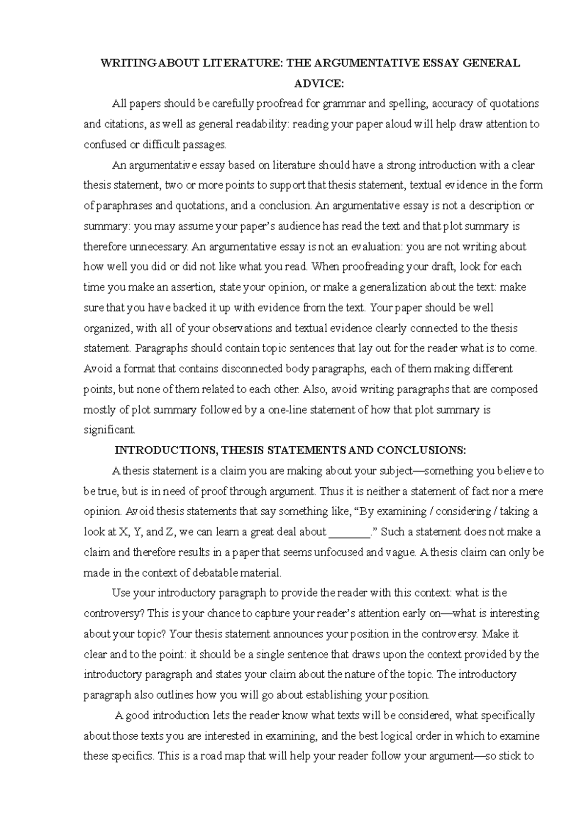 Argumentative essay general advice - WRITING ABOUT LITERATURE: THE ...