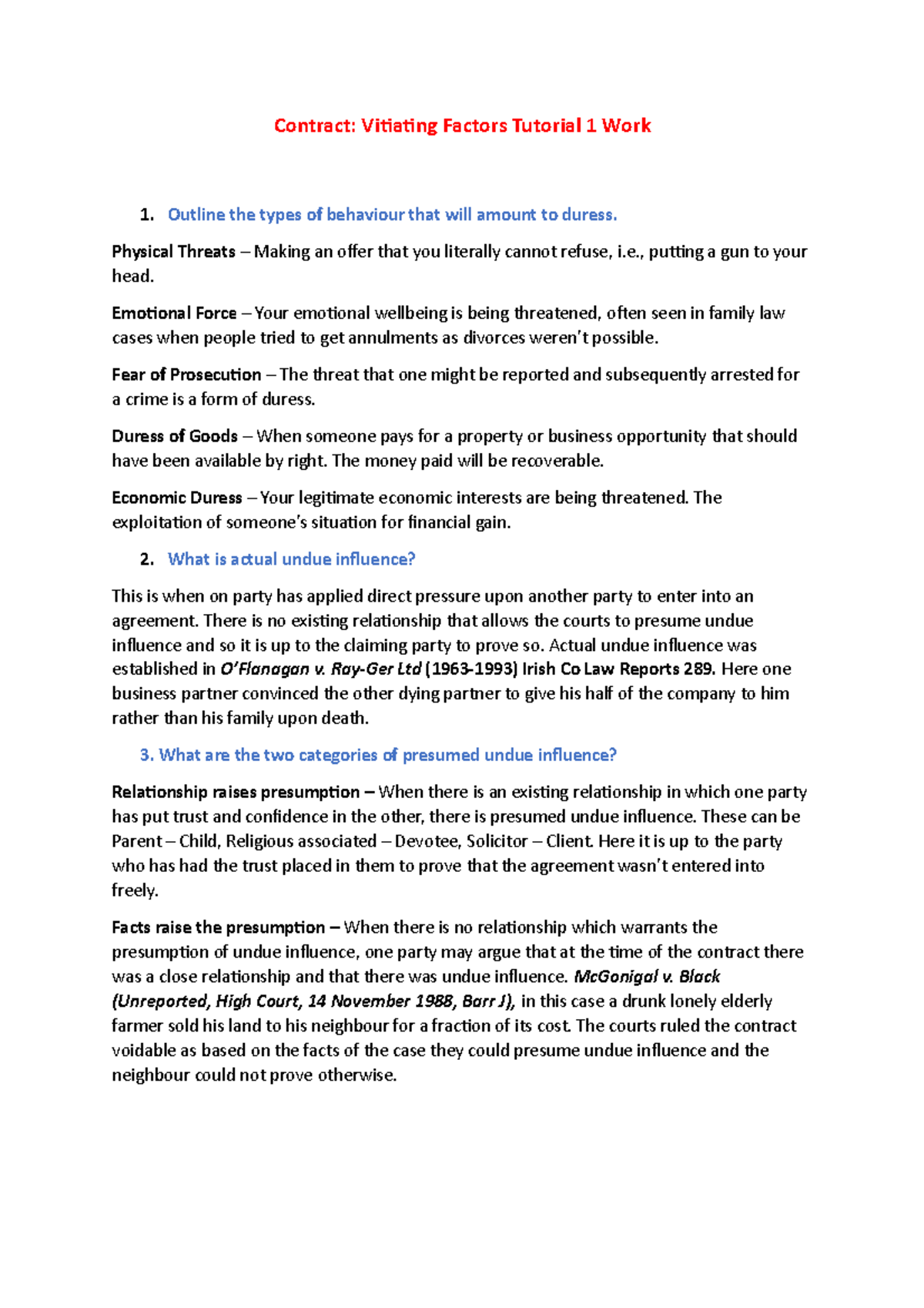 Contract Tutorial 1 Work - Contract: Vitiating Factors Tutorial 1 Work Outline the types of ...