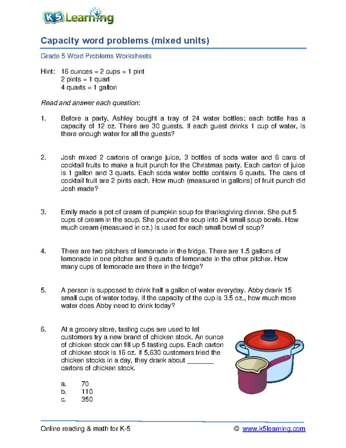 Grade 5 Capacity Word Problems A Online Reading Math For K 5