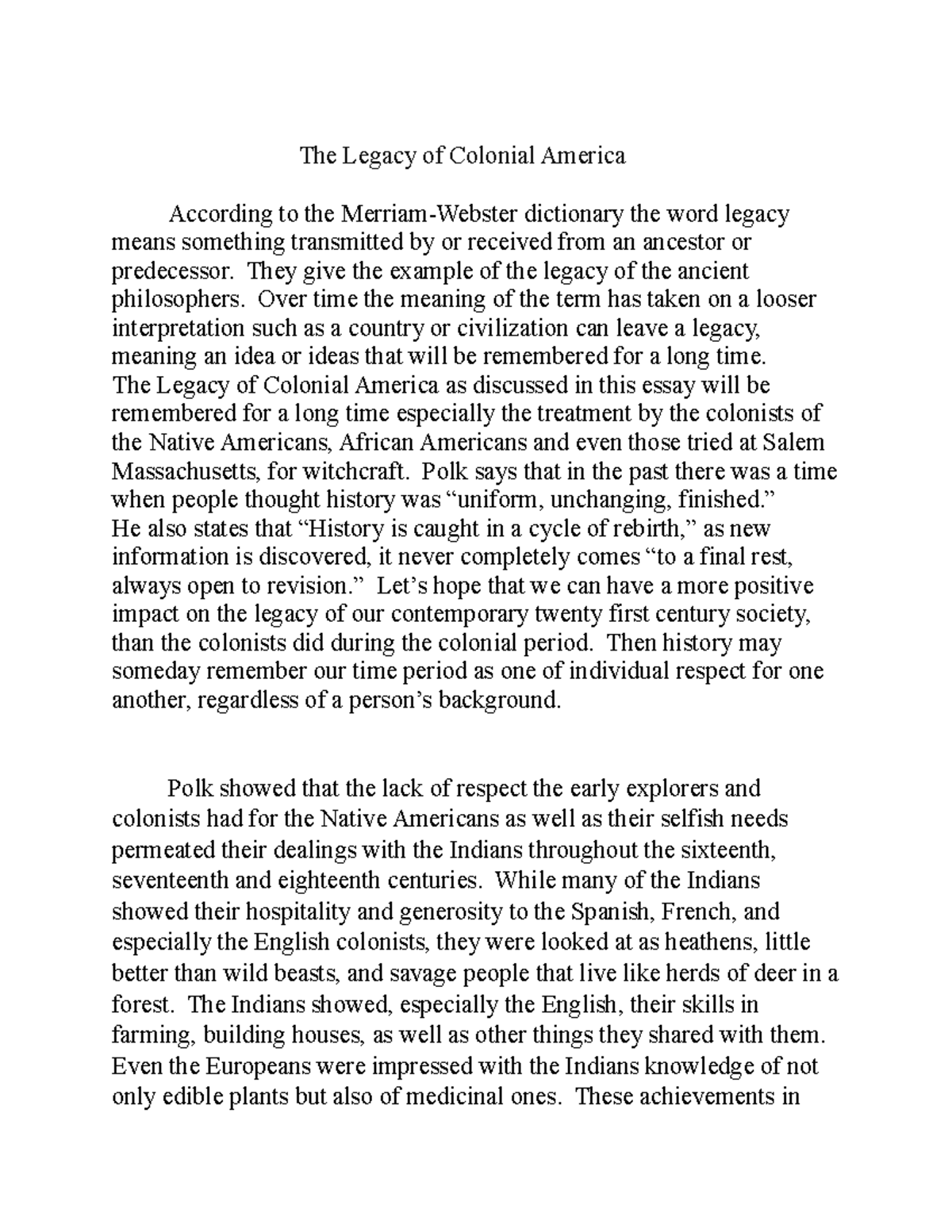 Essay on The Legacy of Colonial America - The Legacy of Colonial ...