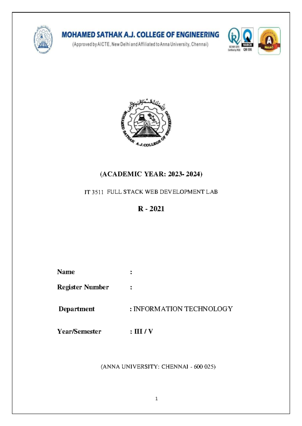 Full stack Lab Manual - (ACADEMIC YEAR: 2023 - 2024 ) IT 351 1 FULL STACK WEB DEVELOPMENT LAB R ...