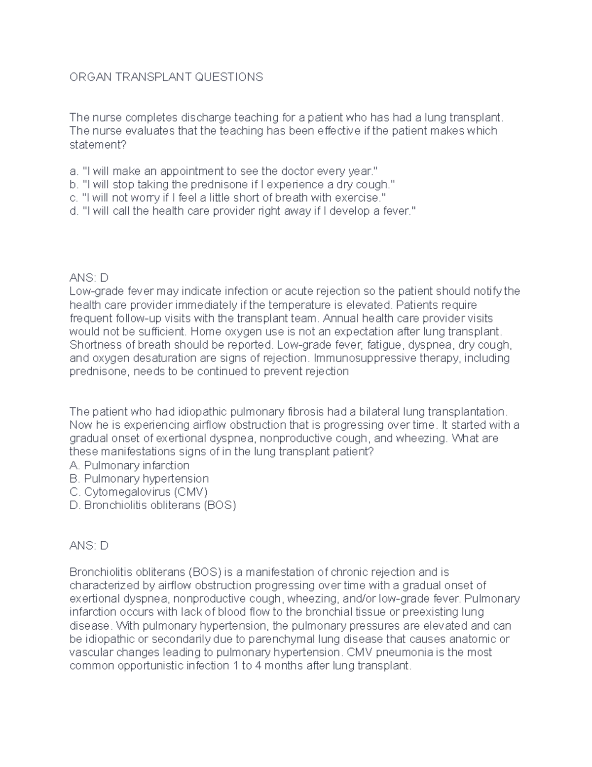 Organ Transplant Questions - ORGAN TRANSPLANT QUESTIONS The nurse ...