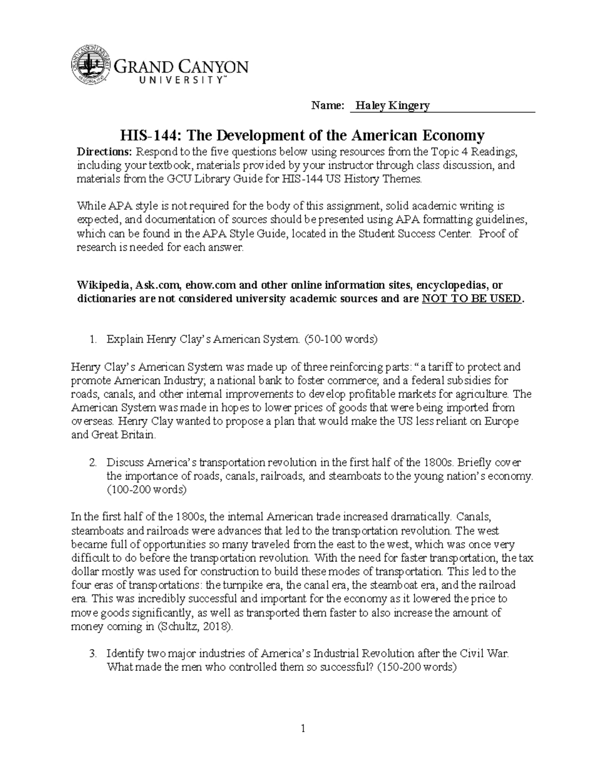 HIS-144-RS-Development of the American Economy Worksheet - Name: Haley ...