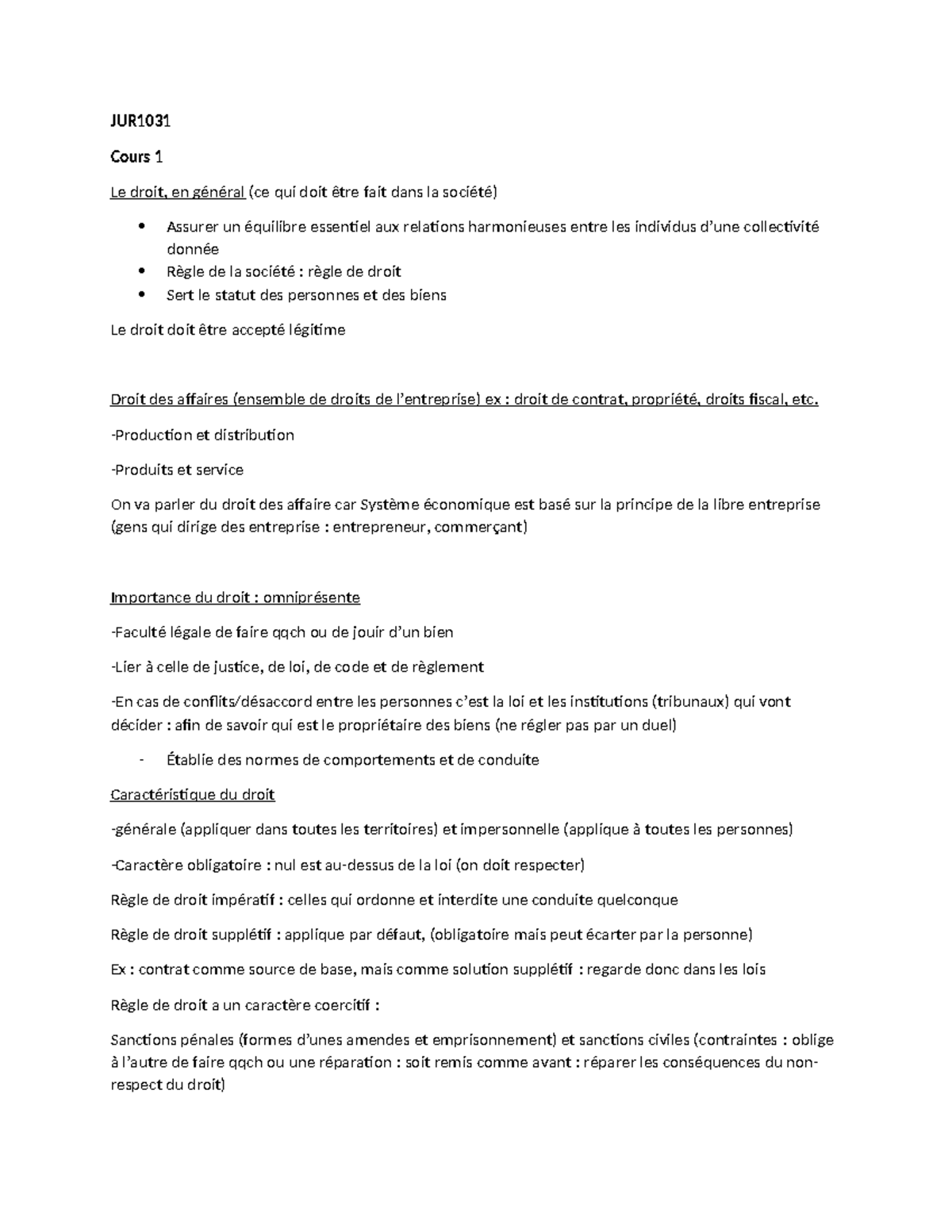 Cours 1 - JUR Cours 1 Le droit, en général (ce qui doit être fait dans ...