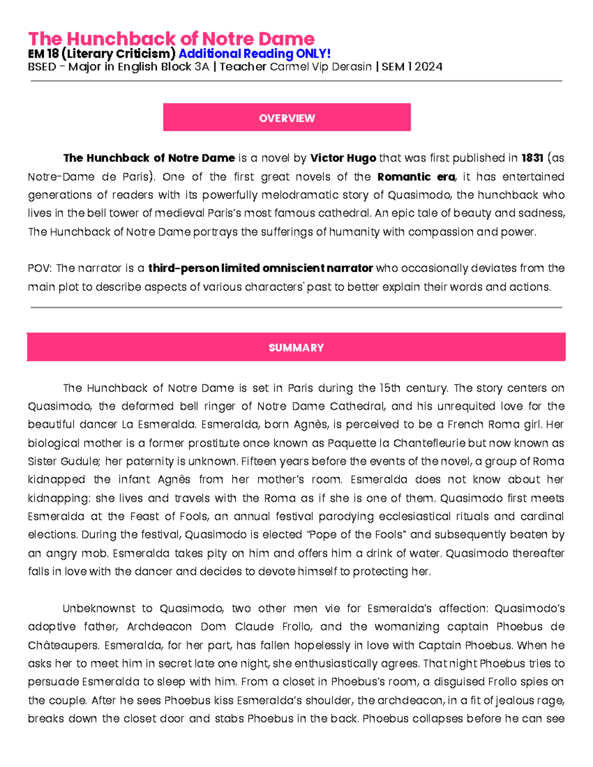 Notes- The Hunchback of Notre Dame - EM 18 (Literary Criticism ...