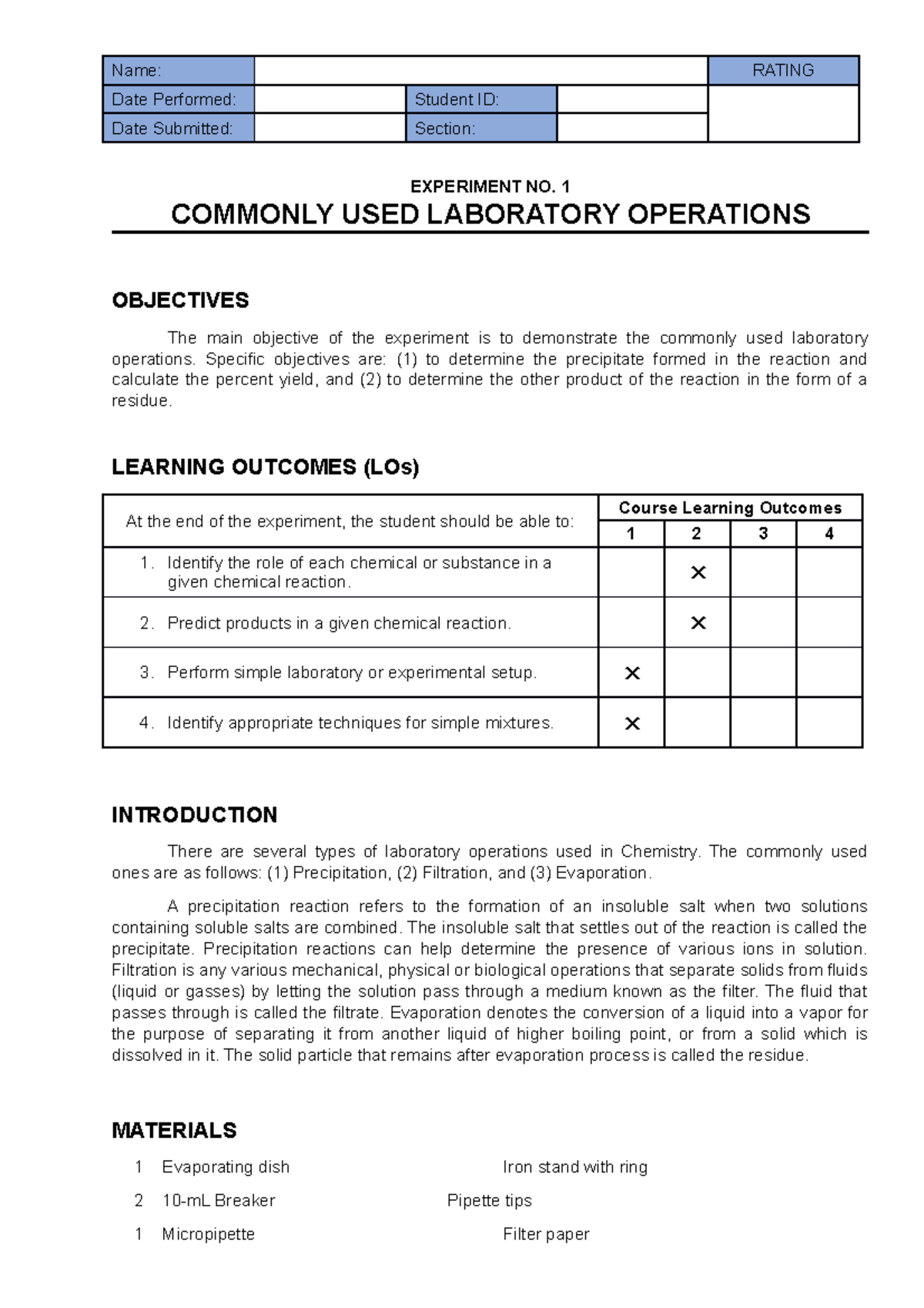 Lab Exp No. 1 - Commonly Used Laboratory Operations - Name: RATING Date ...
