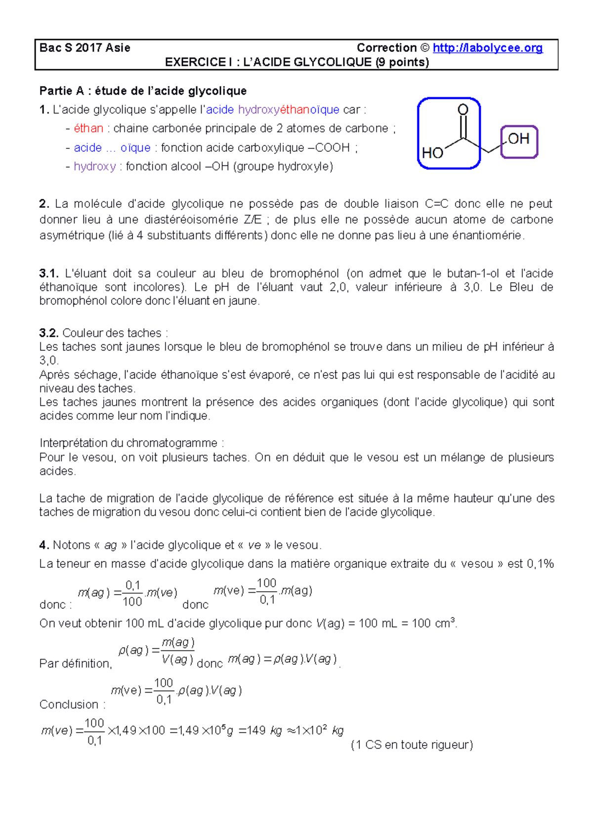 2017 Asie Exo1 Correction Acide Glycolique 9pts - Bac S 2017 Asie Correction © labolycee ...