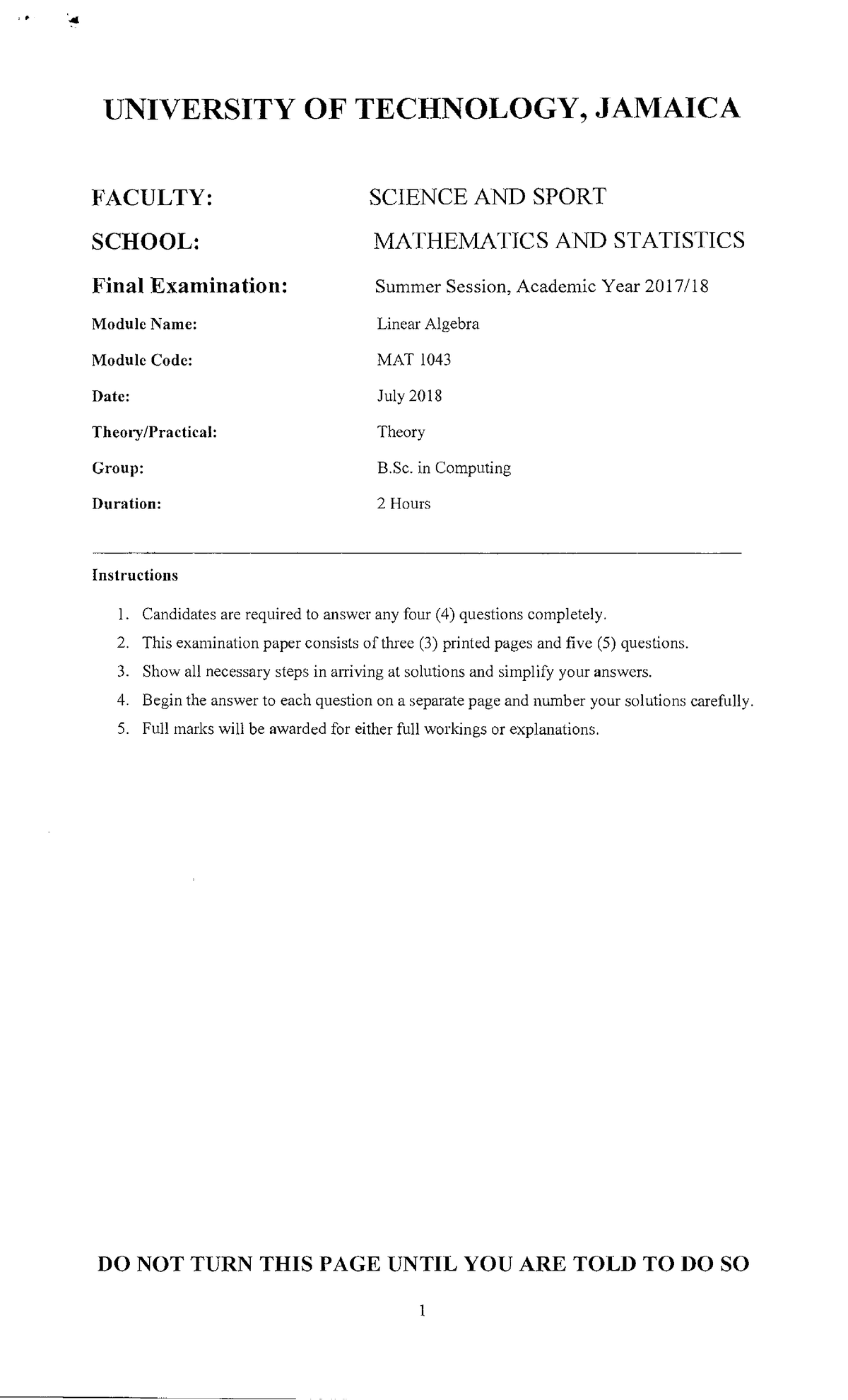 18 MAT1043 SEM3 - Past Paper - UNIVERSITY OF TECHNOLOGY, JAMAICA ...