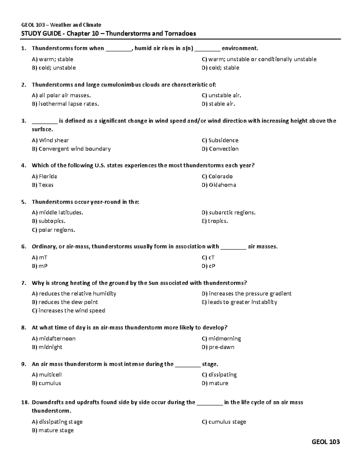 GEOL 103 - Ch 10 Study Guide - GEOL 103 – Weather and Climate STUDY ...
