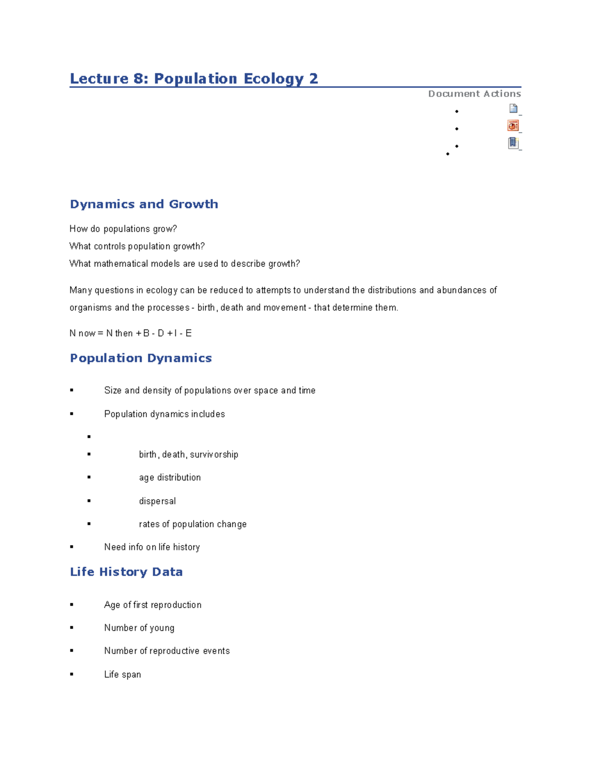 Lecture 8 - Lecture 8: Population Ecology 2 Document Actions Dynamics ...