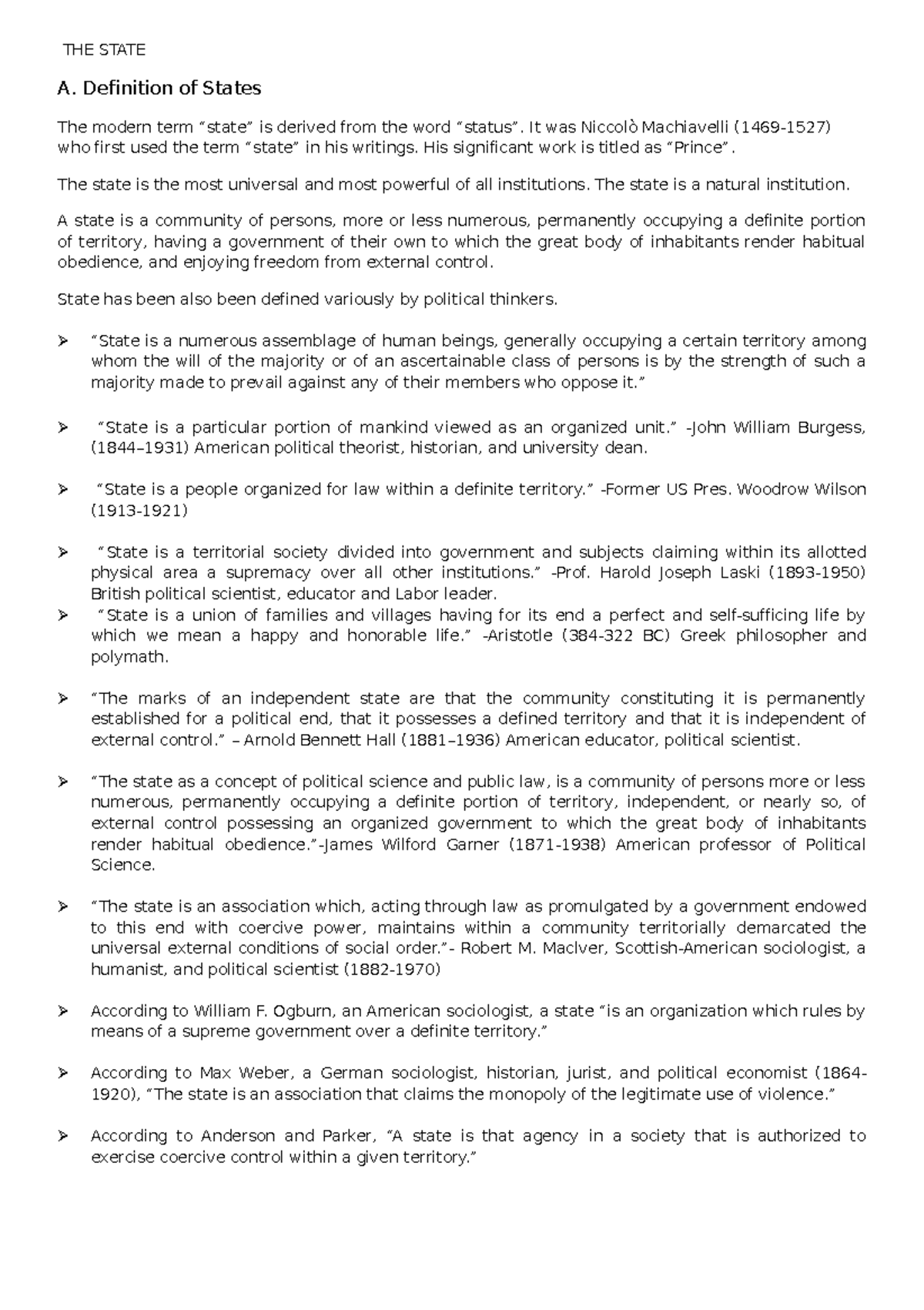 WEEK 2 THE State - THE STATE A. Definition of States The modern term ...