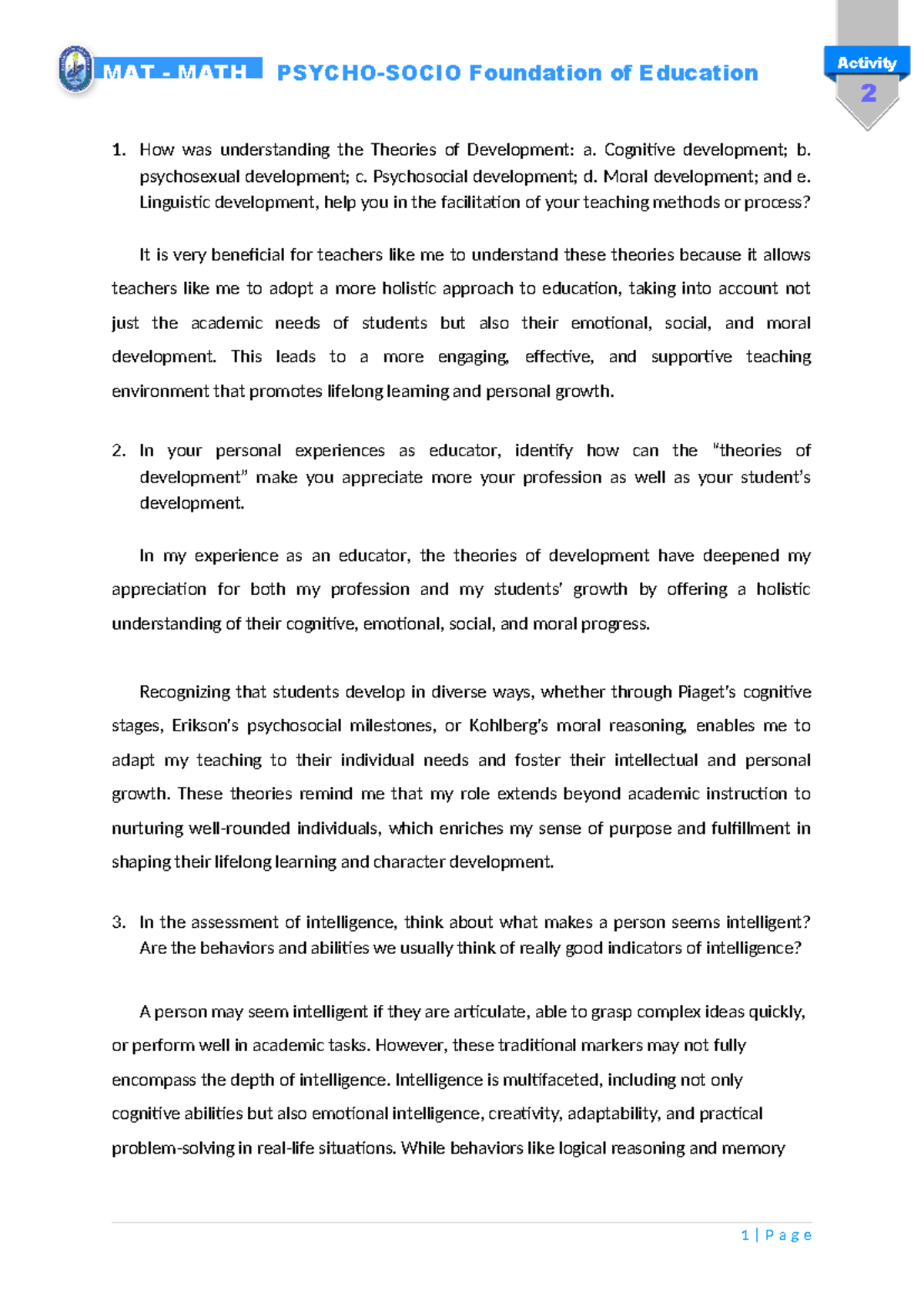 Activity 2 - MAT - MATH PSYCHO-SOCIO Foundation of Education Activity 2 ...