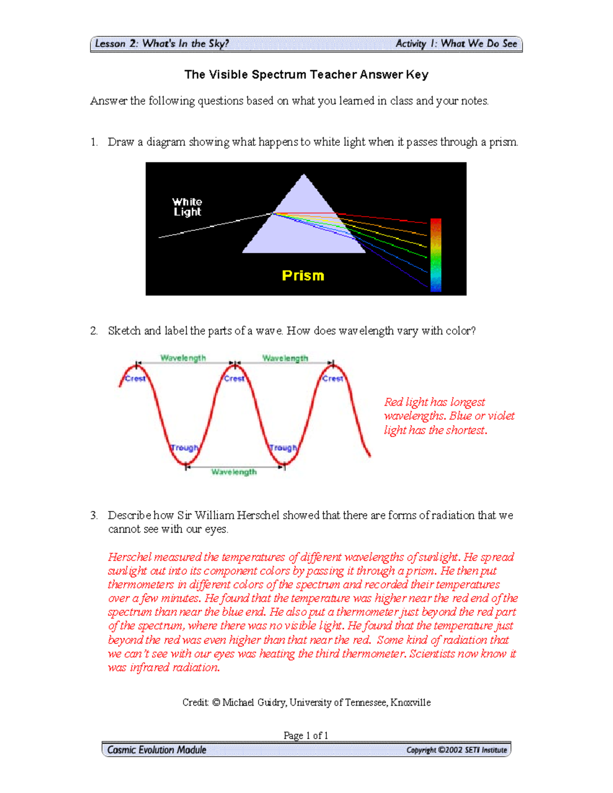 Visible Spectrum Activity - Solutions - Page 1 of 1 The Visible ...