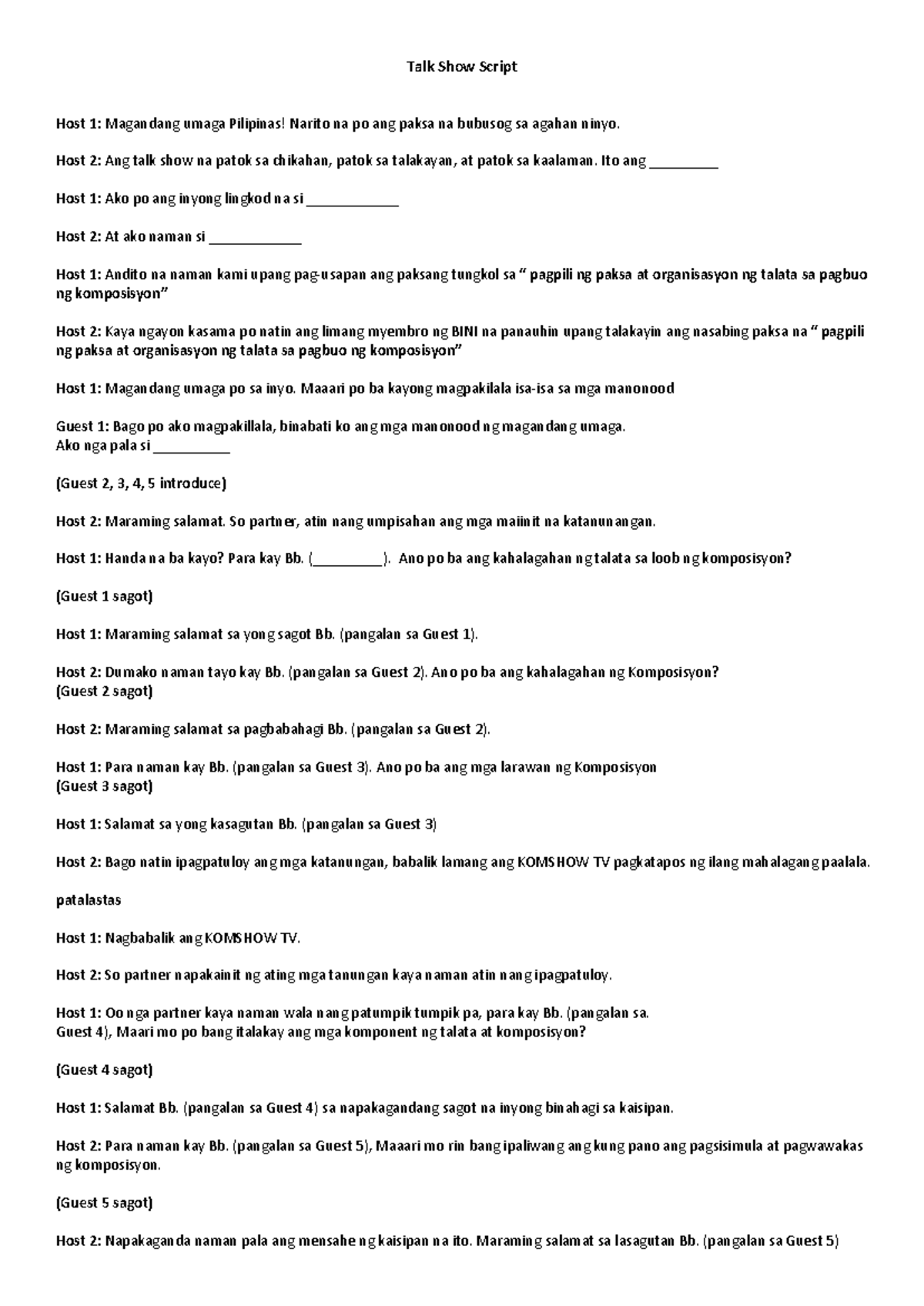 Talk Show Script - Talk Show Script Host 1: Magandang umaga Pilipinas ...