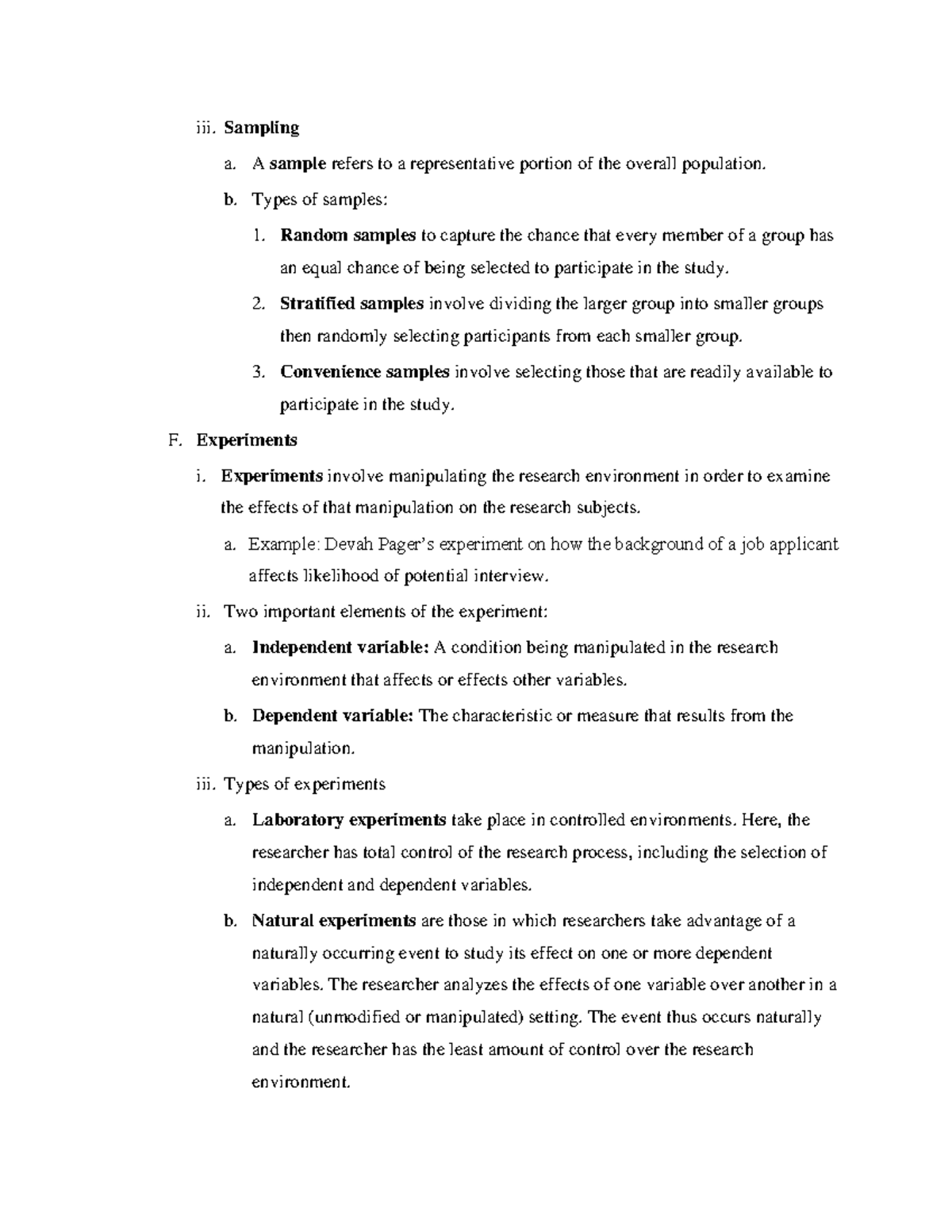 Week 3 notes 6 - iii. Sampling a. A sample refers to a representative ...