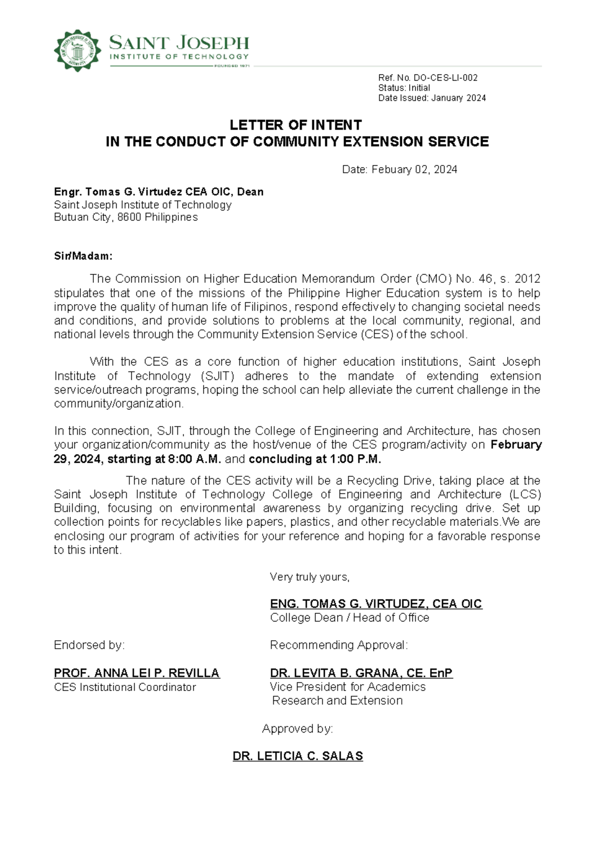 CES Intent Letter Naive - Ref. No. DO-CES-LI- Status: Initial Date ...