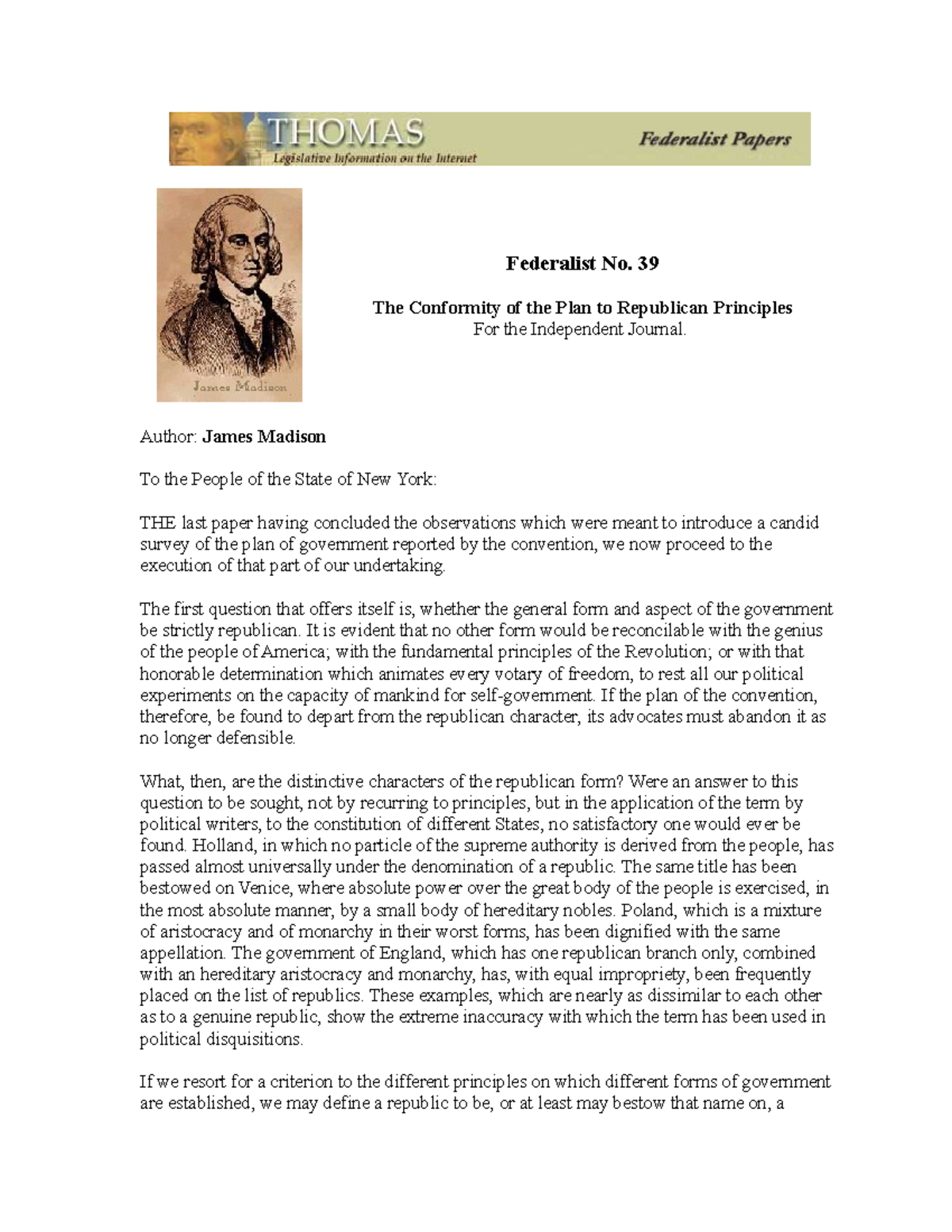 Federalist No - gov fed 39 - POL 100 - Studocu