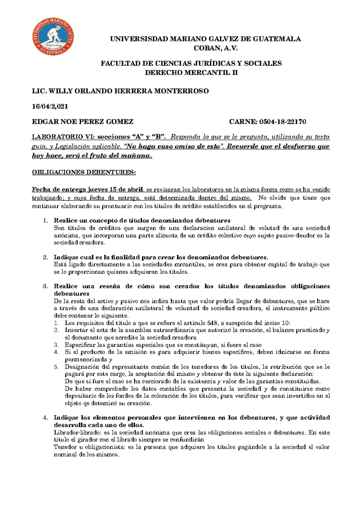 Laboratorio VI LAS Obligaciones Debentures - UNIVERSISDAD MARIANO ...