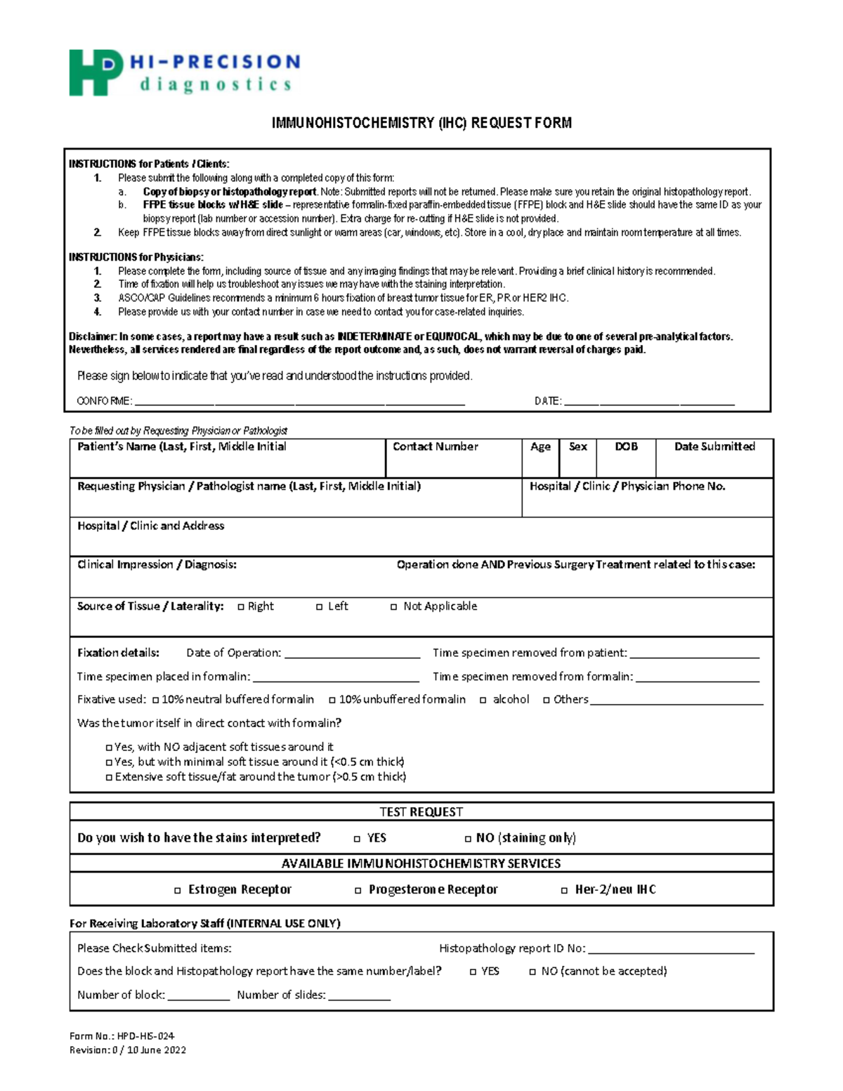 HP Specimen Form - Form No.: HPD-HIS- Revision: 0 / 10 June 2022 ...