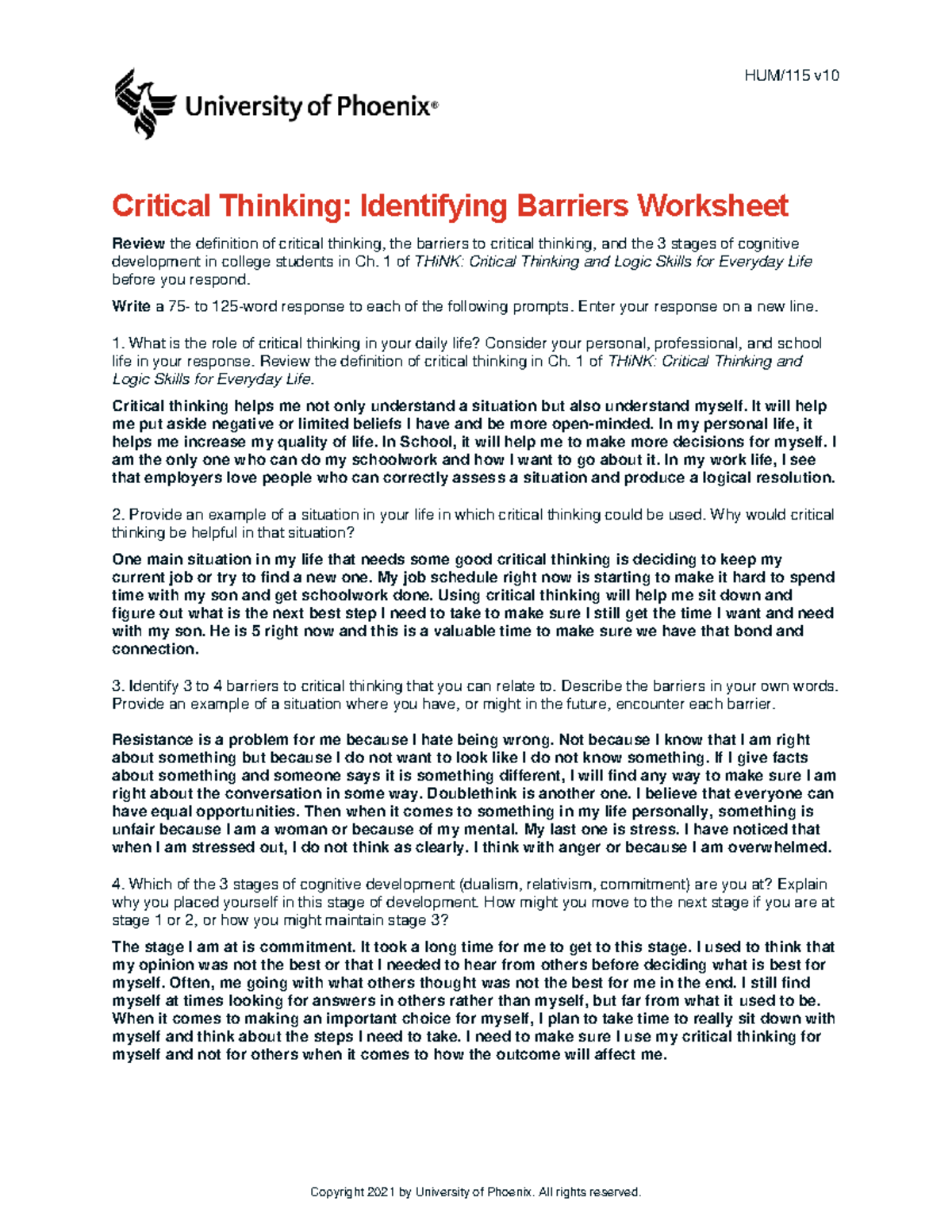 Hum115 v10 wk1 critical thinking identifying barriers worksheet - HUM ...