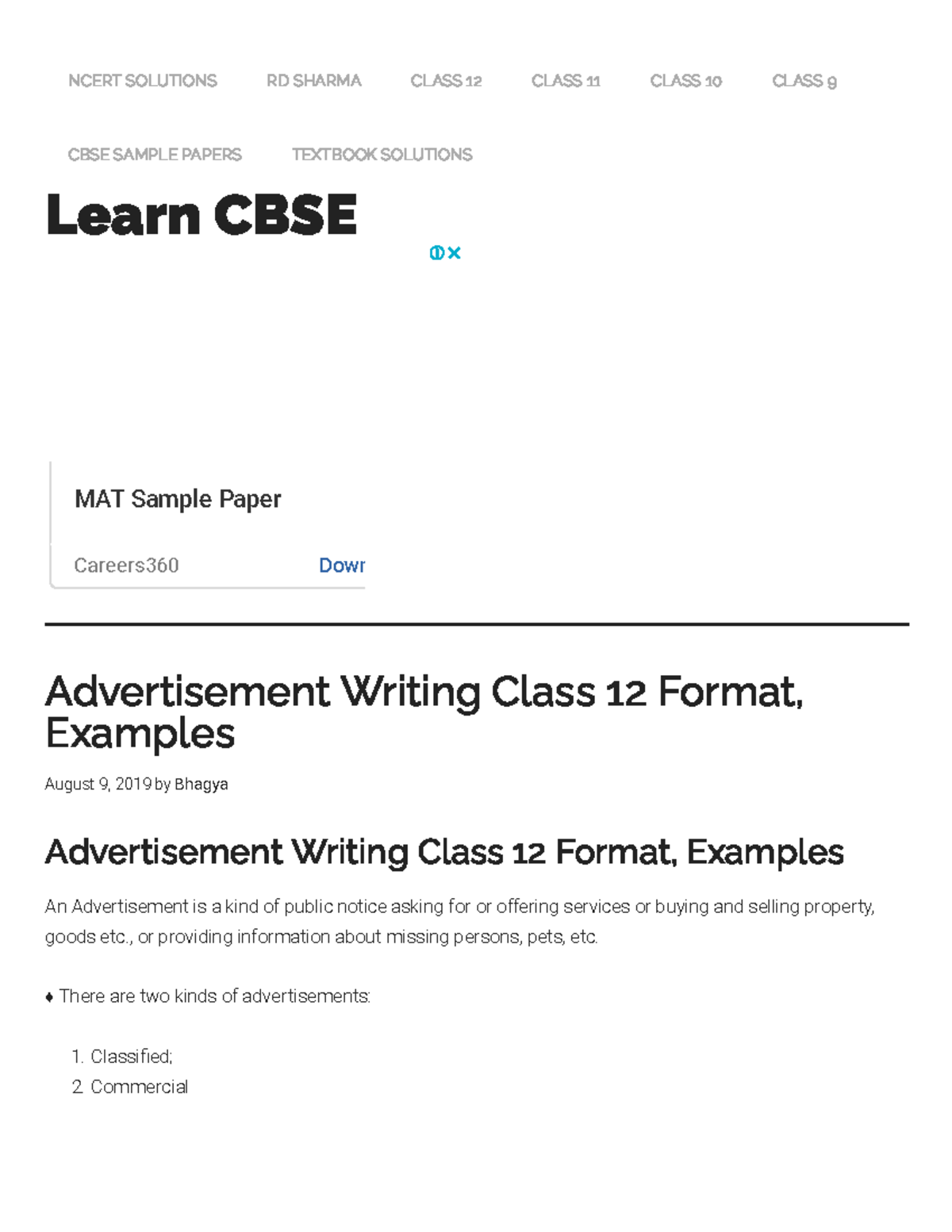 Advertisement Writing Class 12 Format, Examples - Learn CBSE - Learn ...