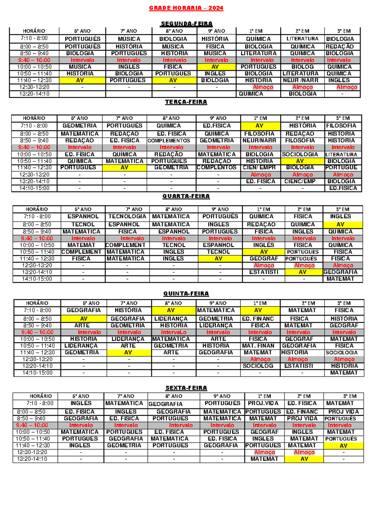 Grade Horária-EFII e EM 2024-1 - GRADE HORARIA – 2024 SEGUNDA-FEIRA HORÁRIO 6° ANO 7° ANO 8° ANO ...