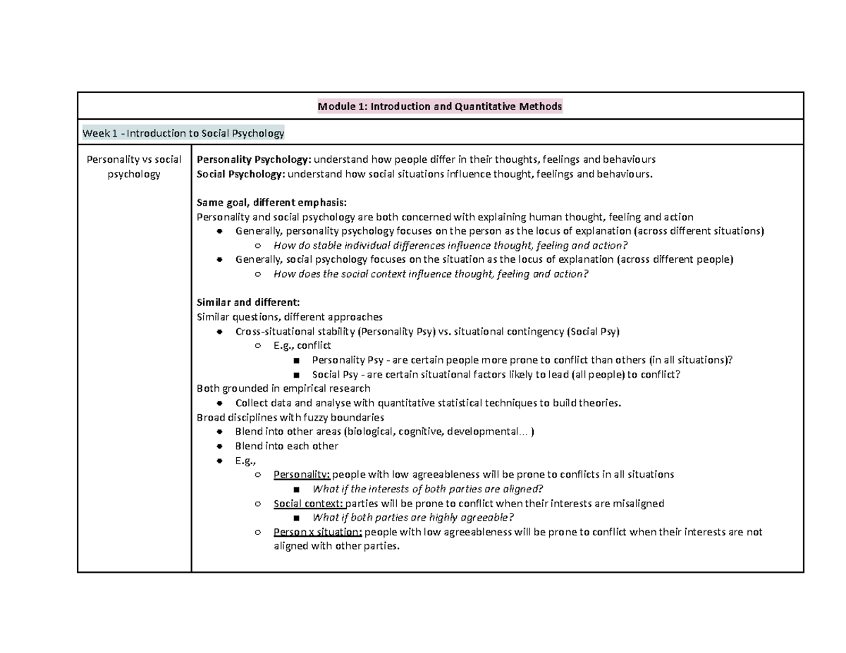 Personality & Social Psy Lecture Notes 1 - Module 1: Introduction and ...
