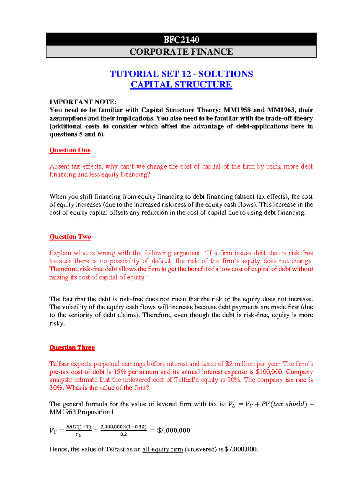 BFC2140 Tutorial SET 12 Solutions Final - BFC2140 - Monash - Studocu
