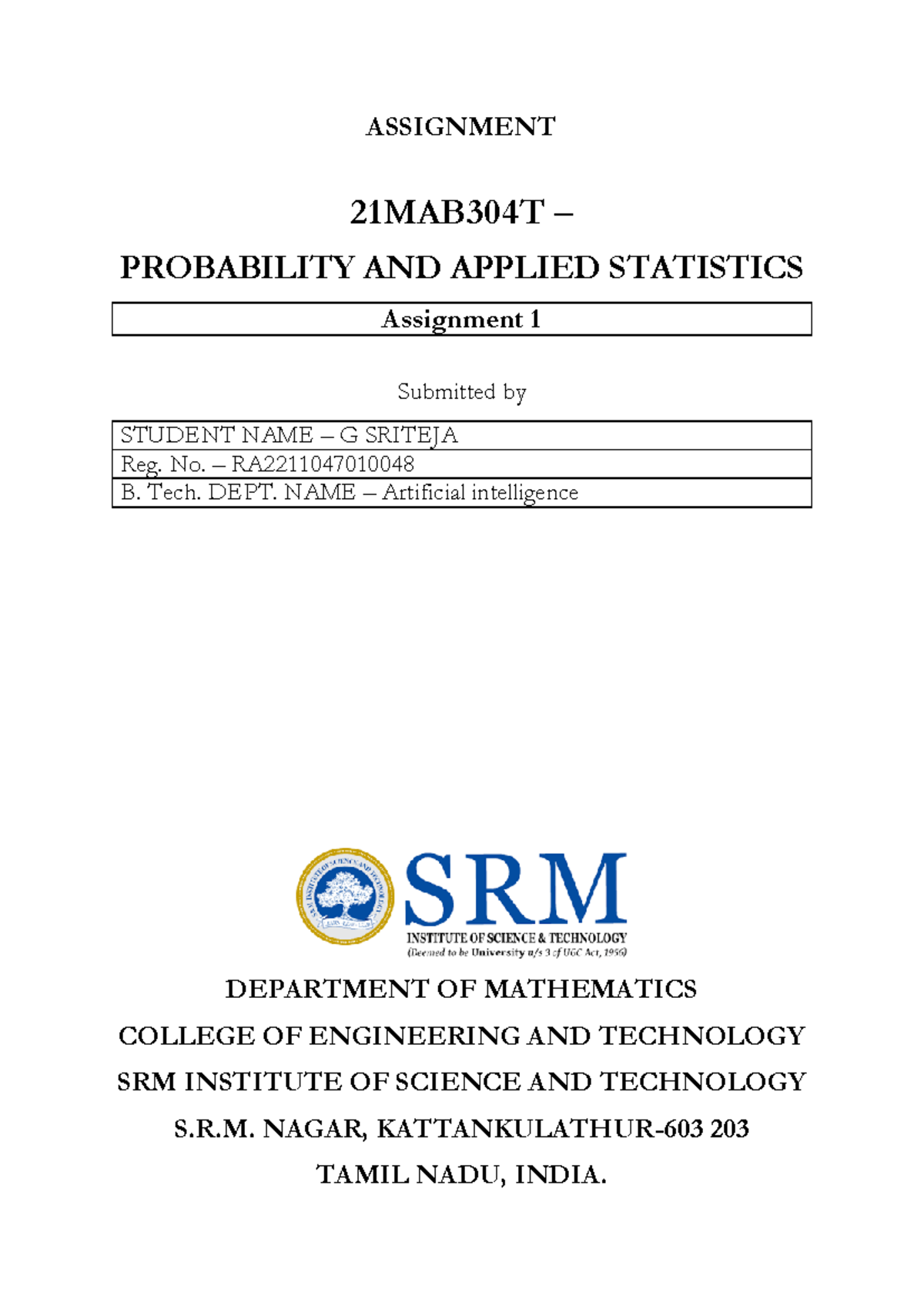Maths Common Assignment Front - Cover Page Template-1 - Probability and ...