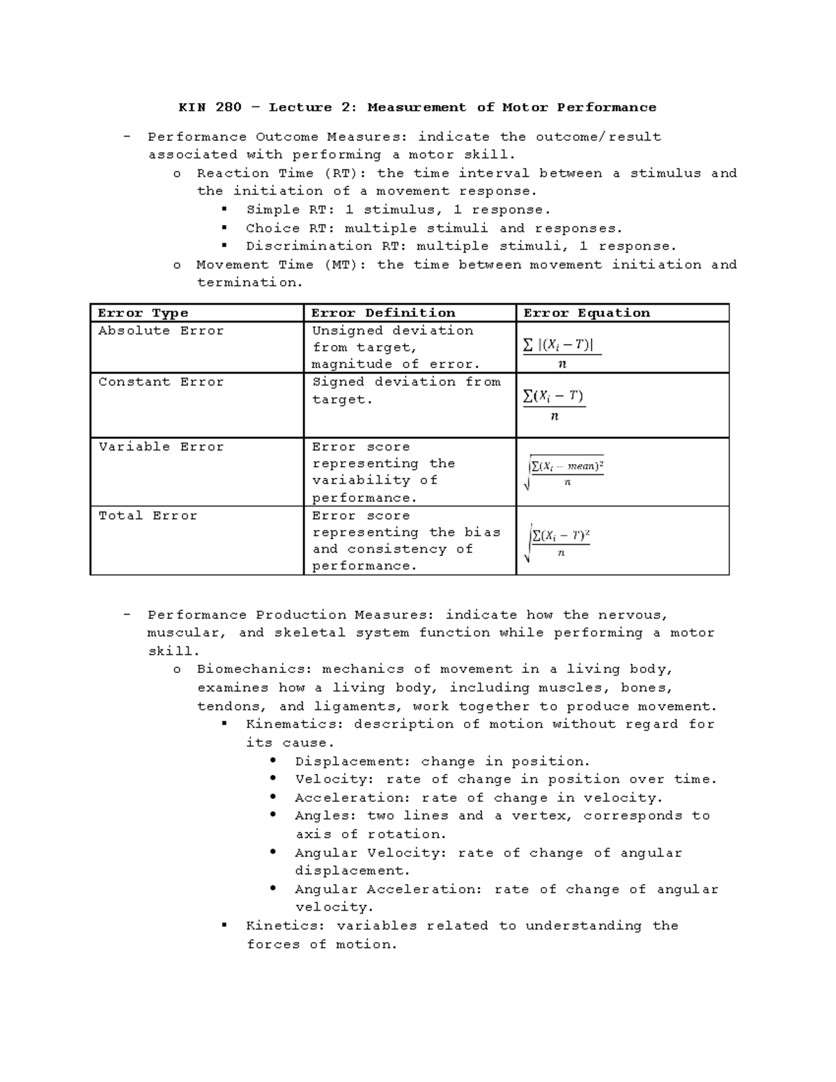 Lecture 2 - Measurement of Motor Performance - KIN 280 – Lecture 2 ...