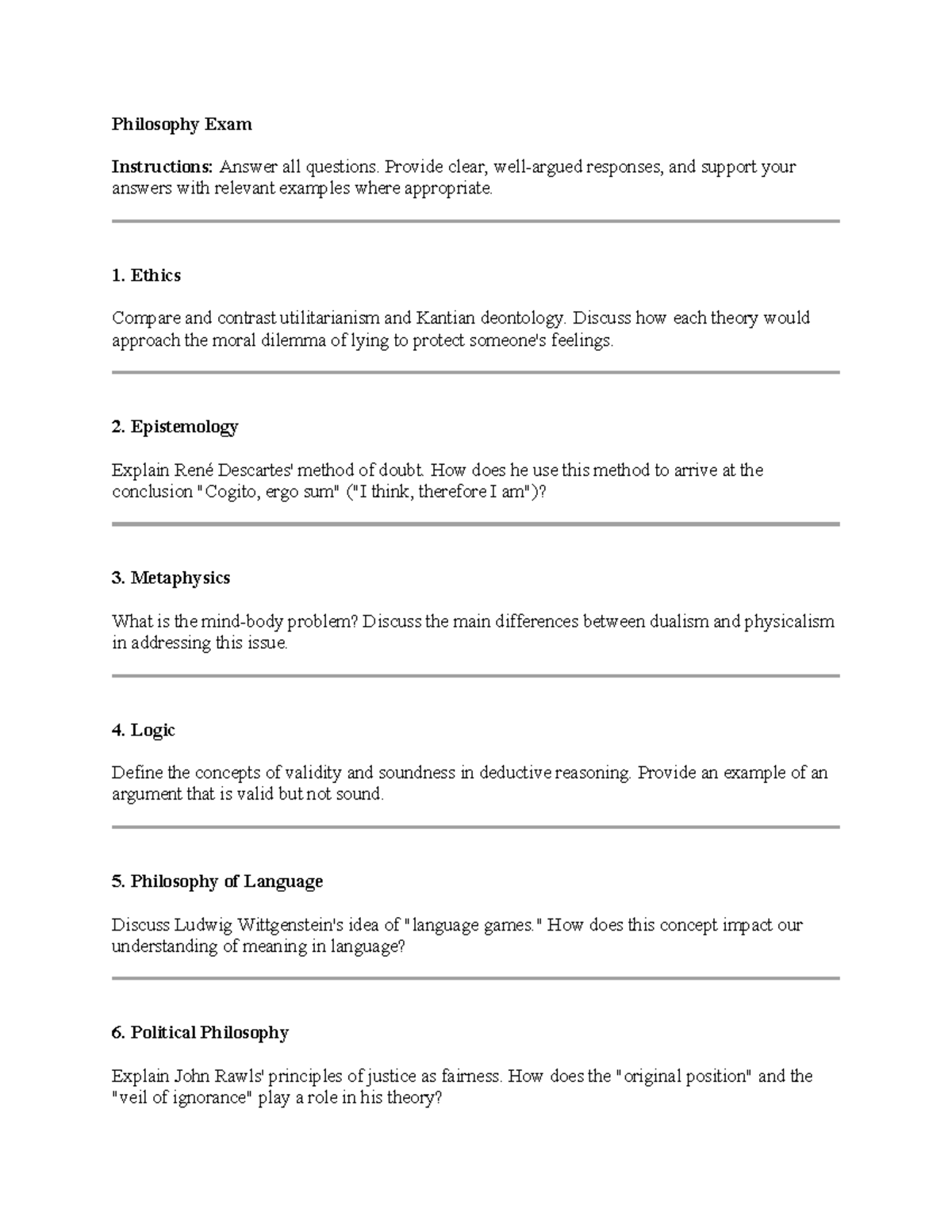 Philosophy Exam 1 - Philosophy Exam Instructions: Answer all questions ...