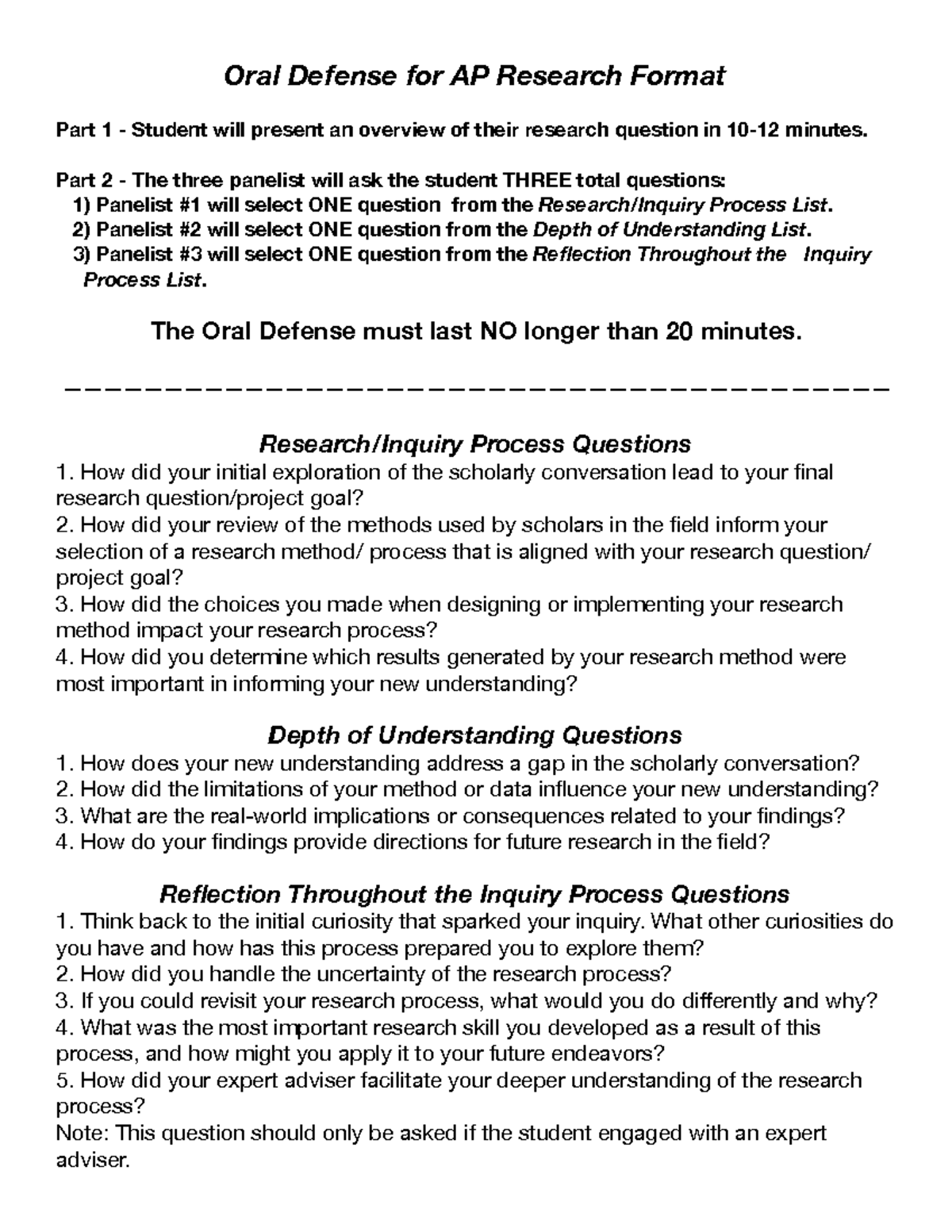 Oral Defense Questions - Oral Defense for AP Research Format Part 1 ...