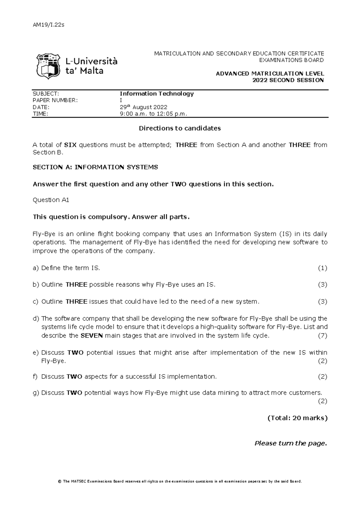 Information Technology ADVSept 2022 - AM19/I © The MATSEC Examinations ...
