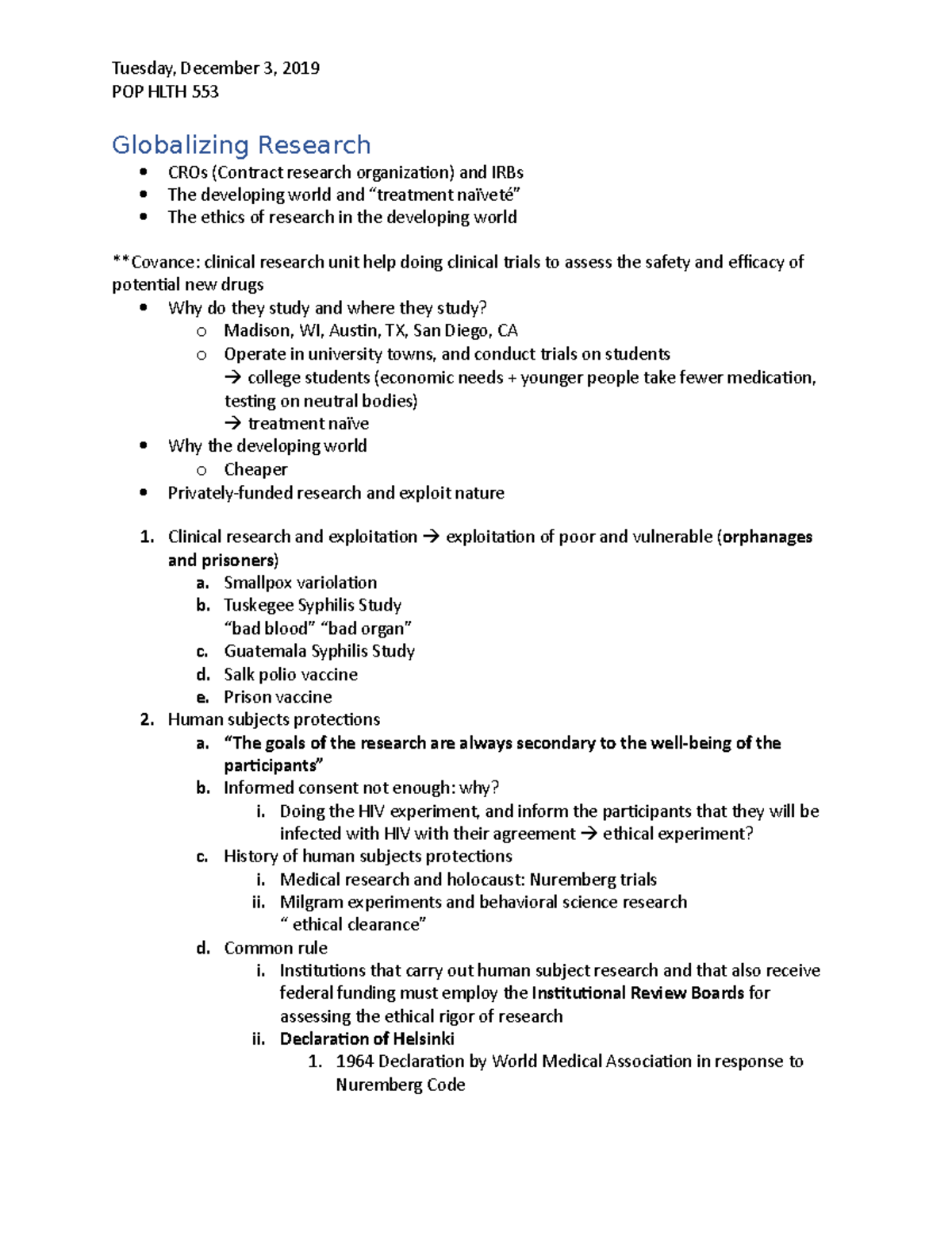 Globalizing Research - Tuesday, December 3, 2019 POP HLTH 553 ...