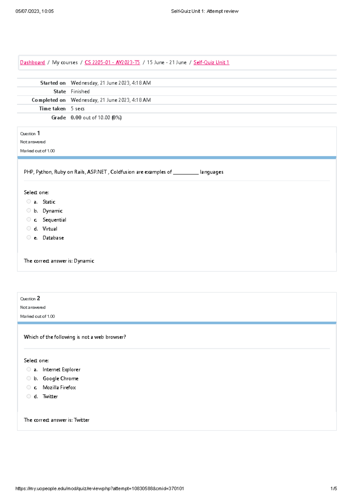Self-Quiz Unit 1 Attempt review - Started on Wednesday, 21 June 2023, 4:18 AM State Finished ...