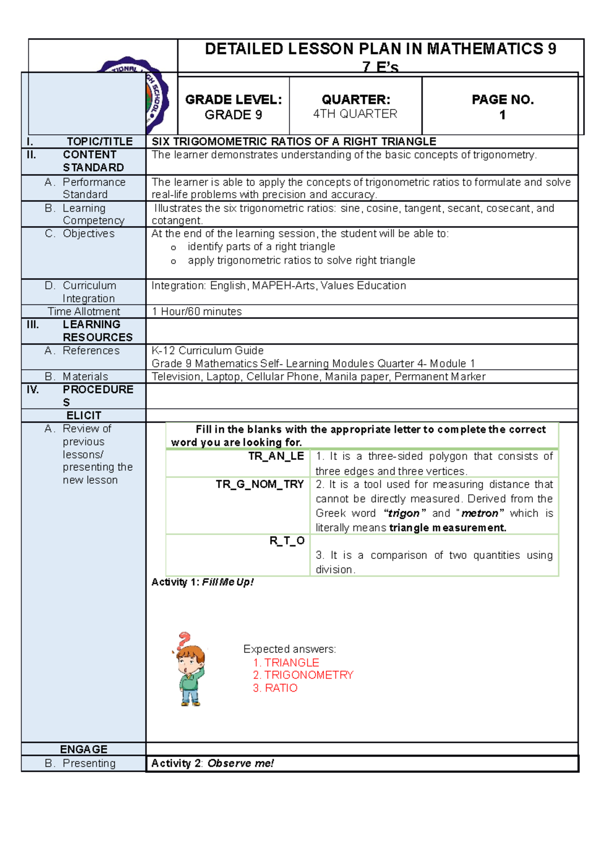 LP 6Trigpnometric R - mathematics detailed lesson plan for grade 7 ...