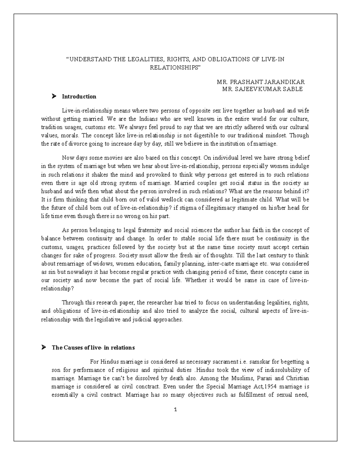 Live in Relationship paper - “UNDERSTAND THE LEGALITIES, RIGHTS, AND ...