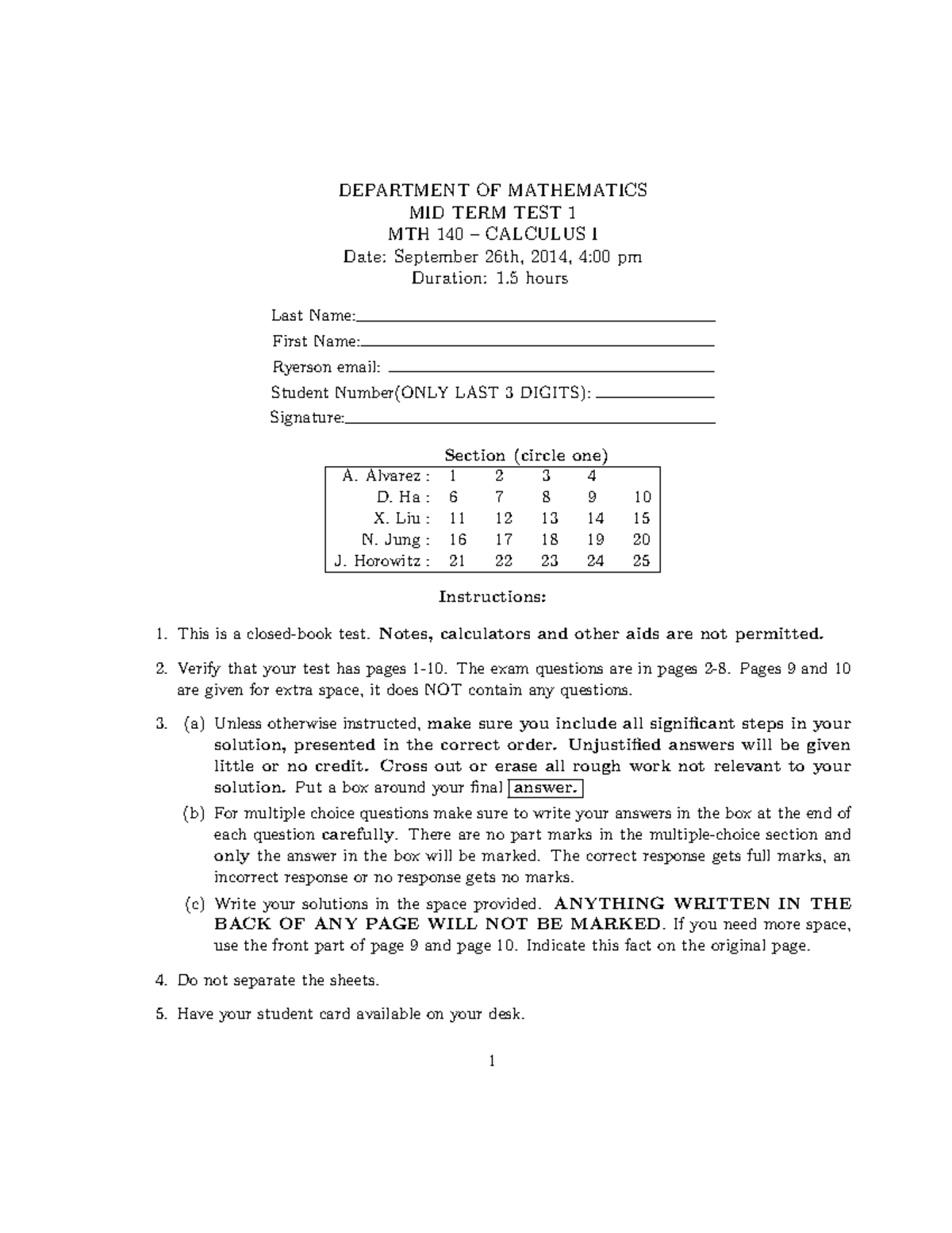 Exam 2014, questions - DEPARTMENT OF MATHEMATICS MID TERM TEST 1 MTH ...