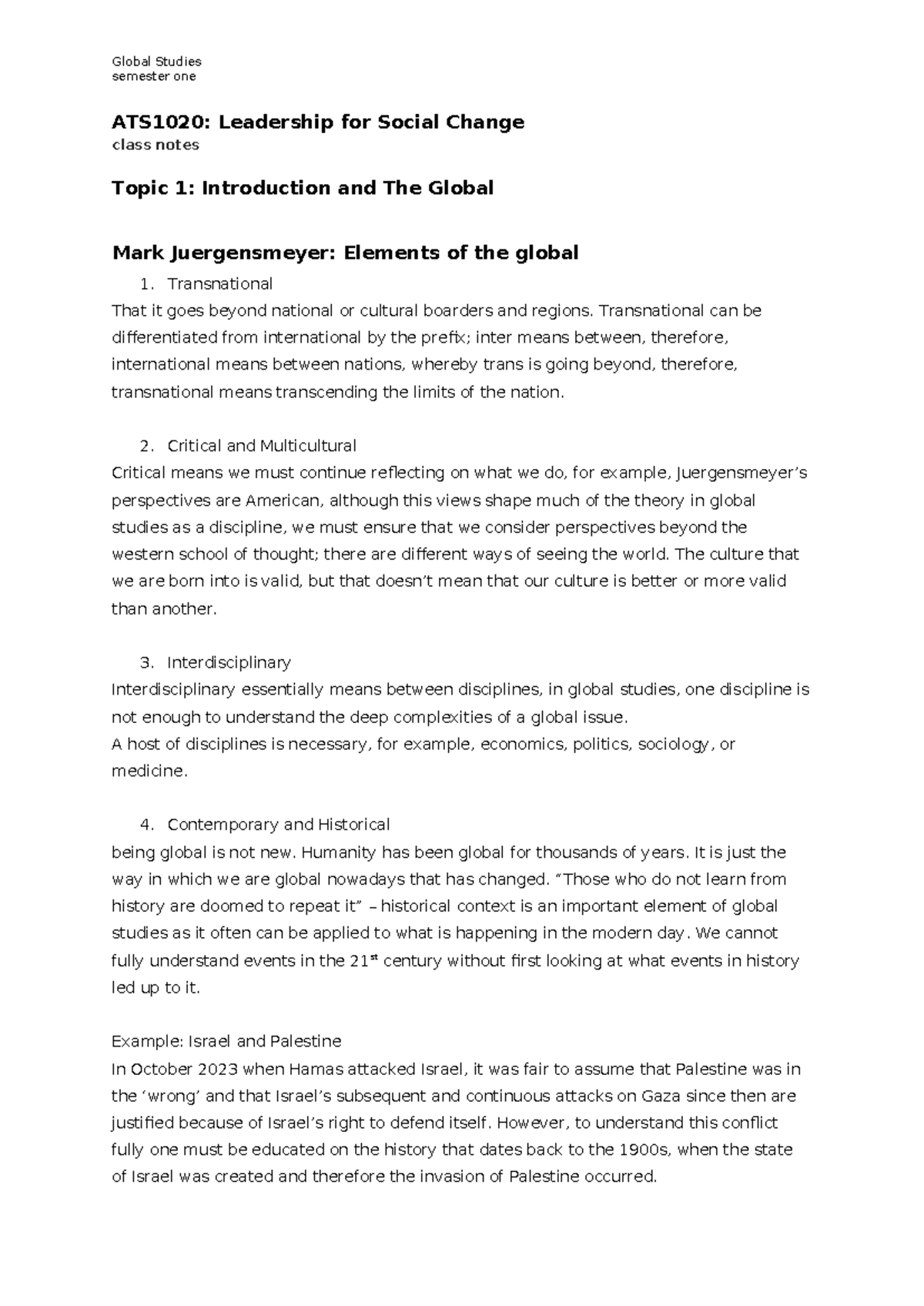 Leadership for social change class notes - semester one ATS1020 ...